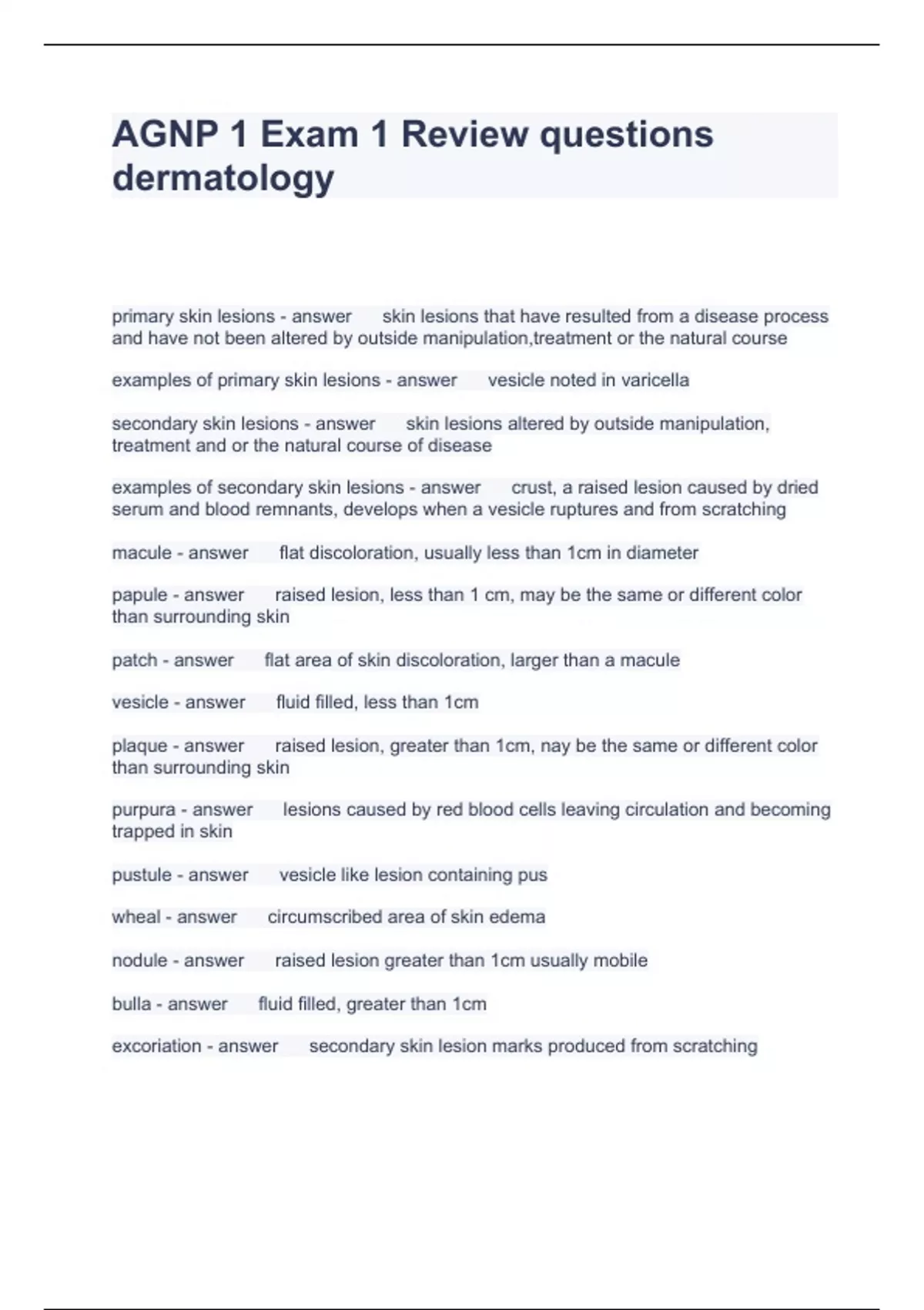 AGNP 1 Exam 1 Review questions dermatology Questions with solutions ...