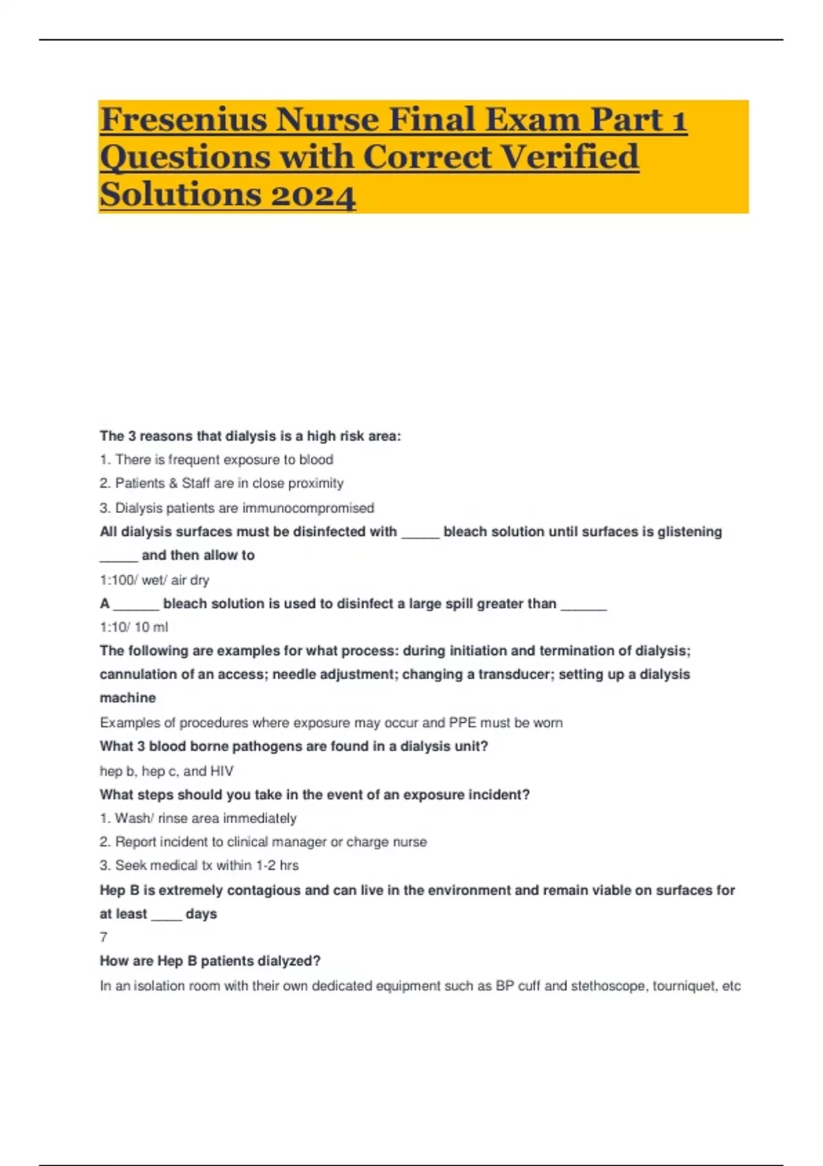 Fresenius Nurse Final Exam Part 1 Questions with Correct Verified Solutions 2024 - Fresenius ...