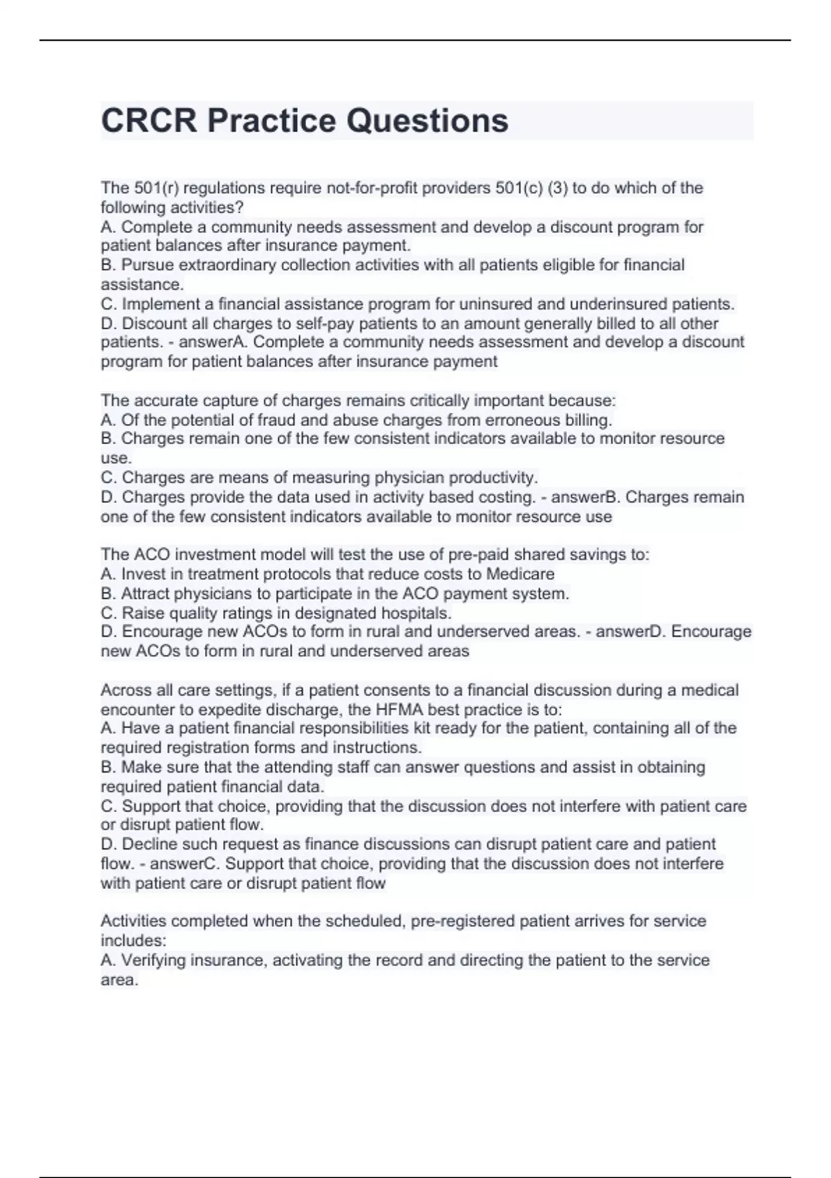 CRCR Practice Questions.All the answers are correct - CRCR - Stuvia US