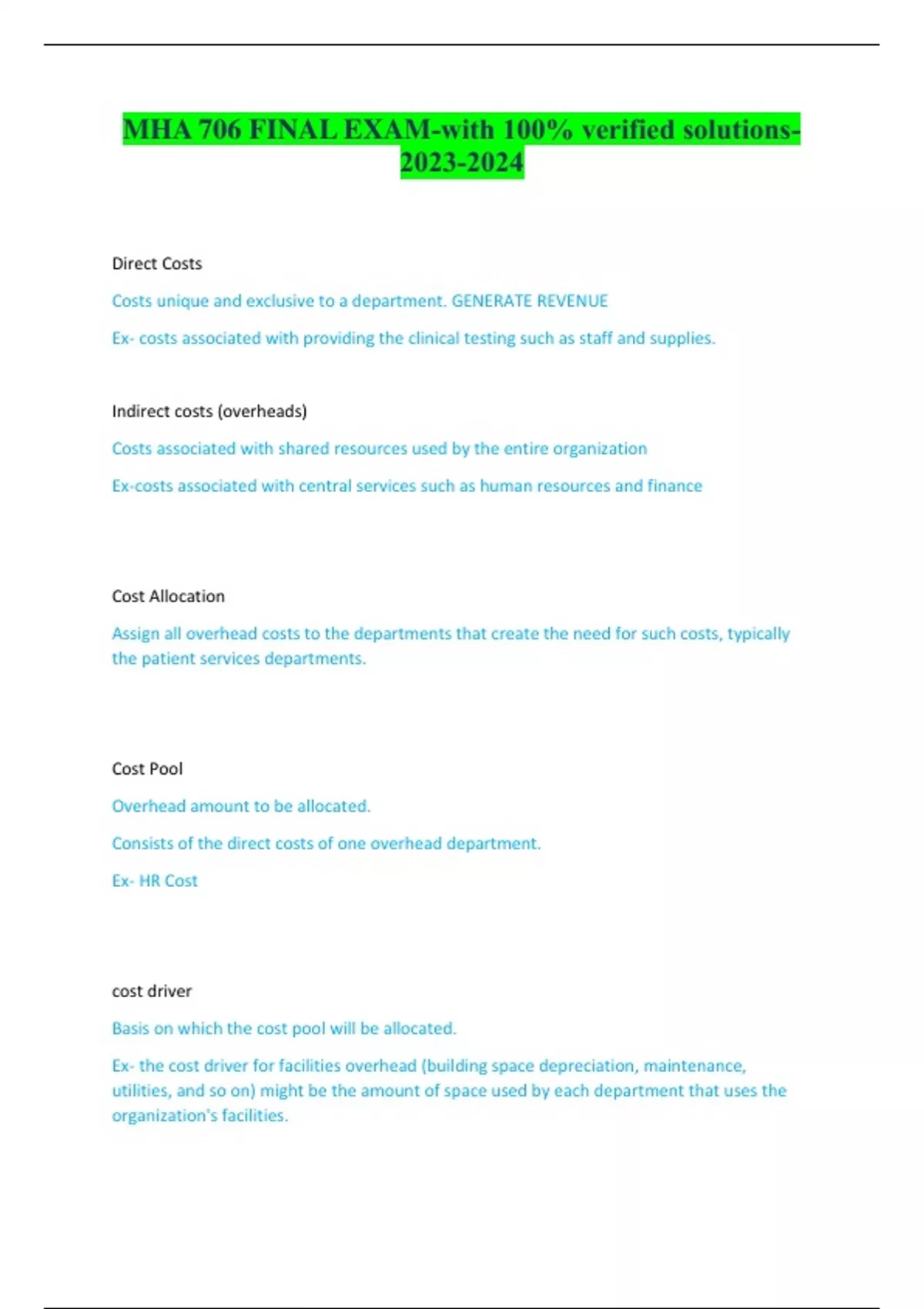 MHA 706 FINAL EXAM-with 100% verified solutions- - MHA 706 - Stuvia US