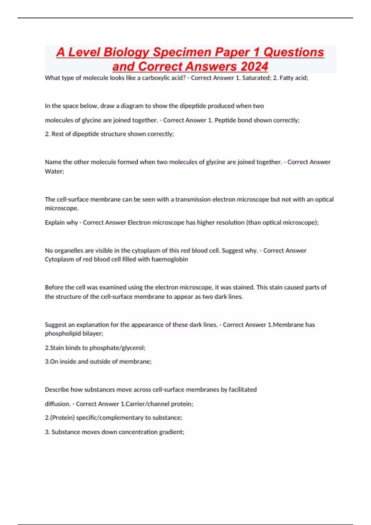 A Level Biology Specimen Paper 1 Questions and Correct Answers 2024 - A ...