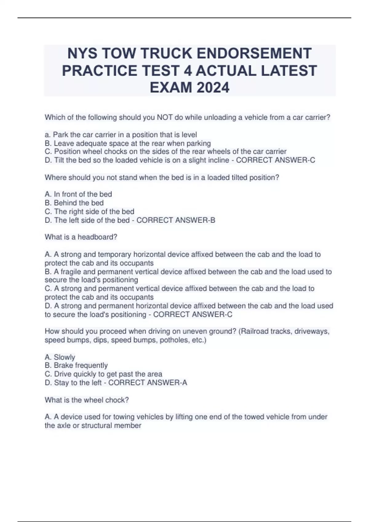 NYS TOW TRUCK ENDORSEMENT PRACTICE TEST 4 ACTUAL LATEST EXAM 2024 - NYS ...