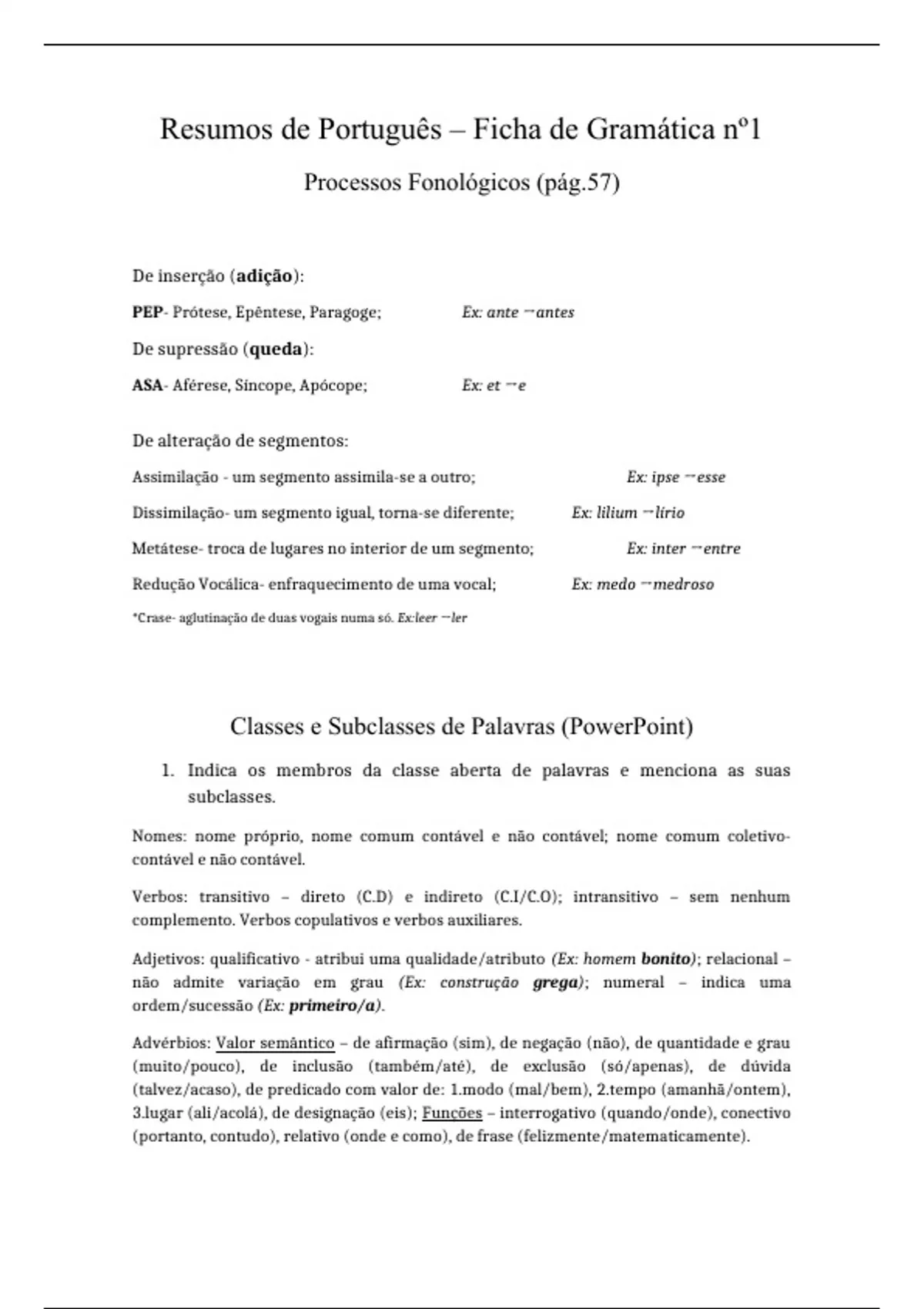 Summary Resumos de Português - Gramática - Português - Stuvia US