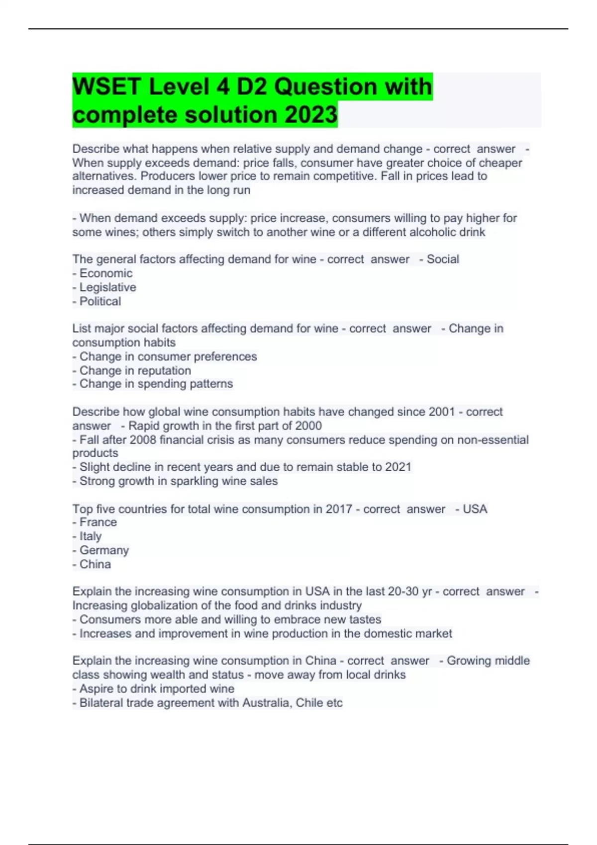 WSET Level 4 D2 Question with CORRECT CERTIFIED complete solution 2023/2024 - WSET - Stuvia US