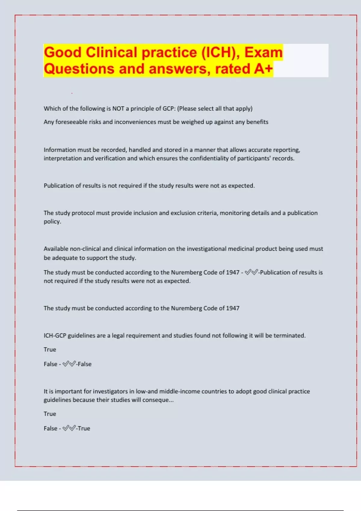 Good Clinical practice (ICH), Exam Questions and answers, rated A+ ...