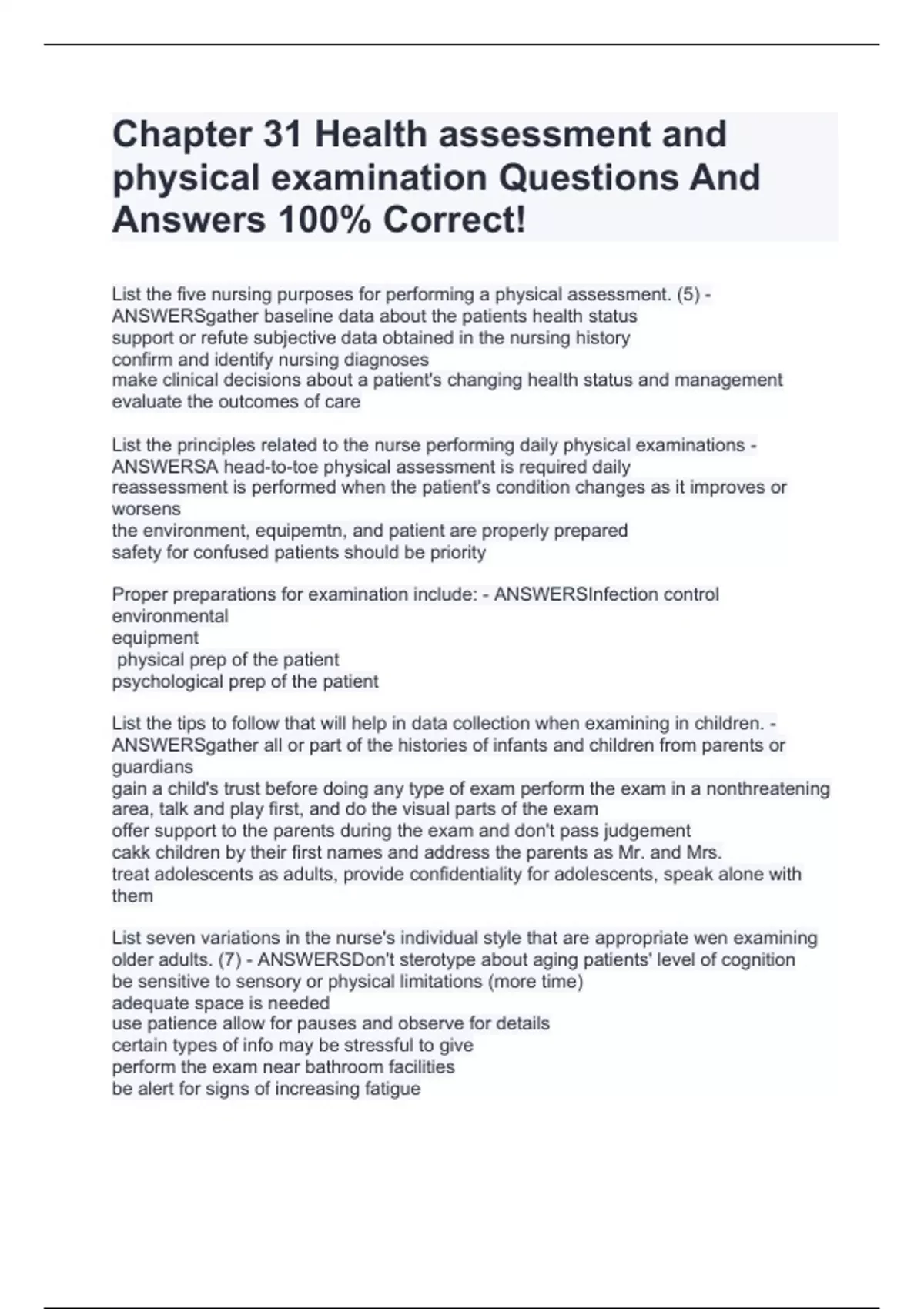 Chapter 31 Health assessment and physical examination Questions And ...
