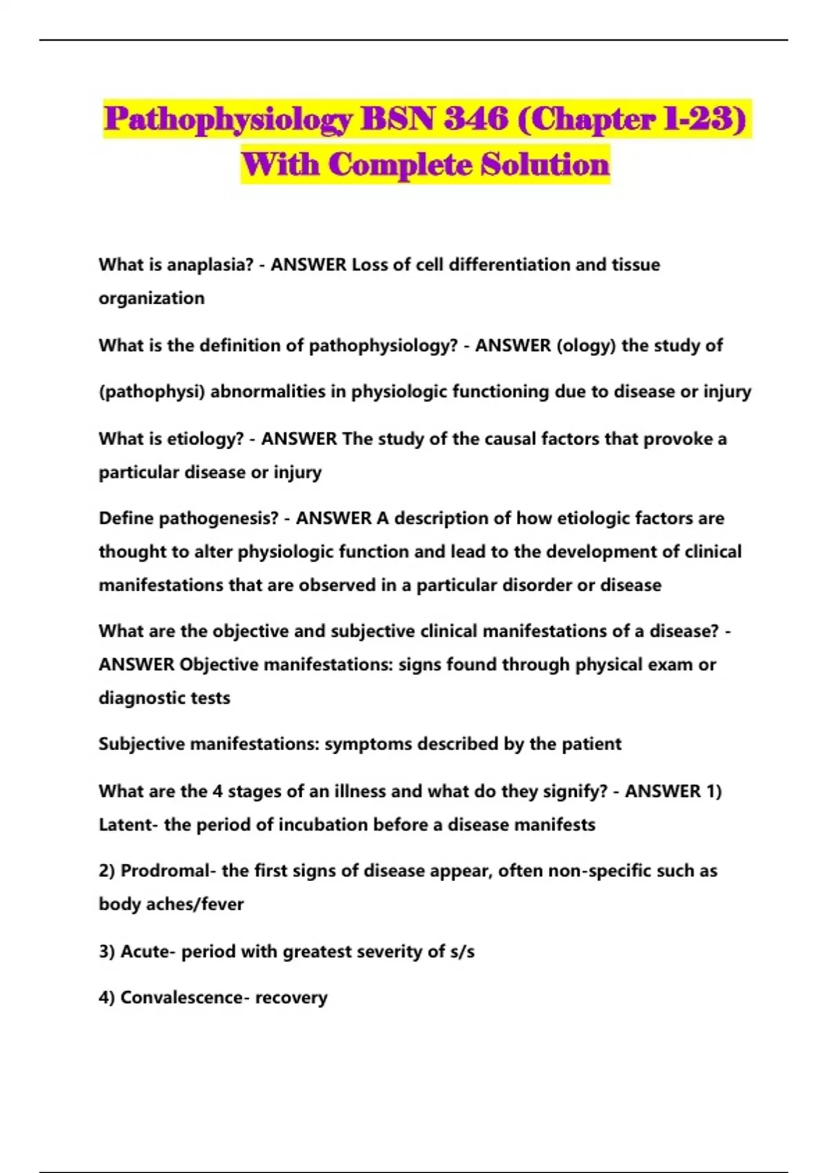 Pathophysiology BSN 346 (Chapter 1-23) With Complete Solution - BSN 346 - Stuvia US