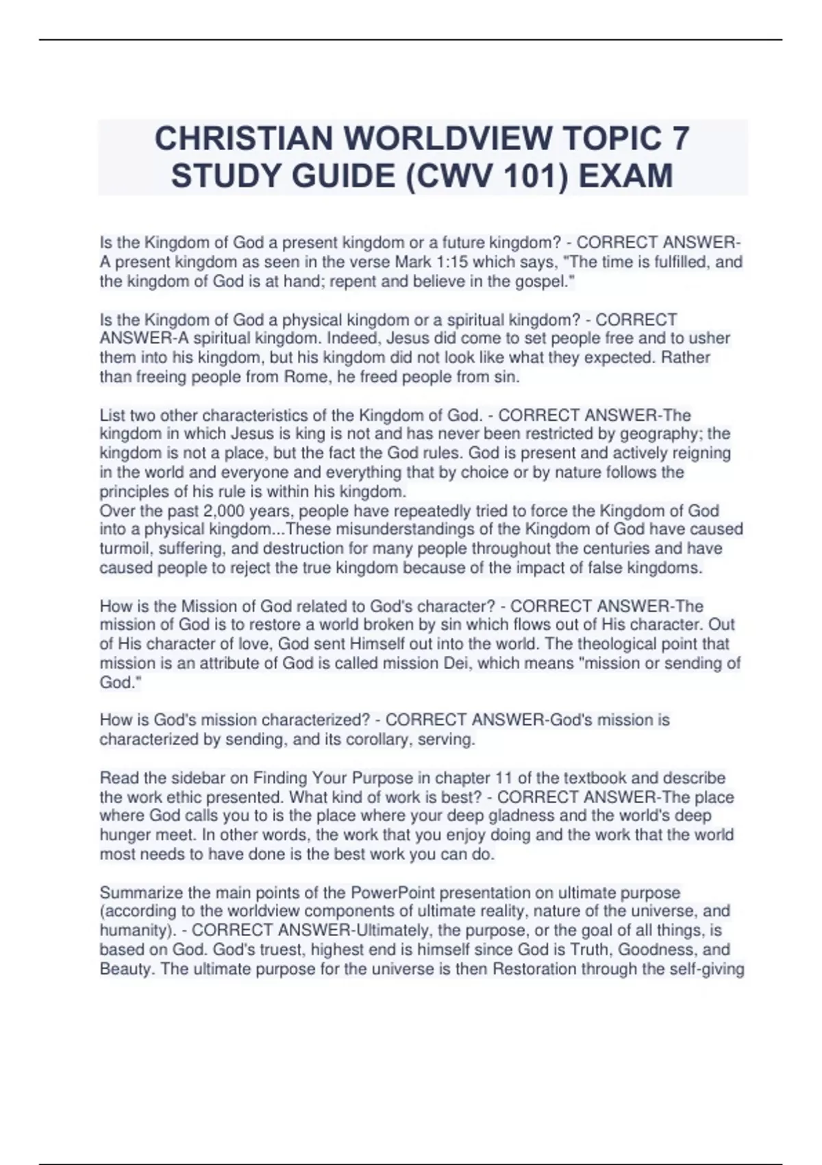 CHRISTIAN WORLDVIEW TOPIC 7 STUDY GUIDE (CWV 101) EXAM - CWV 101 ...