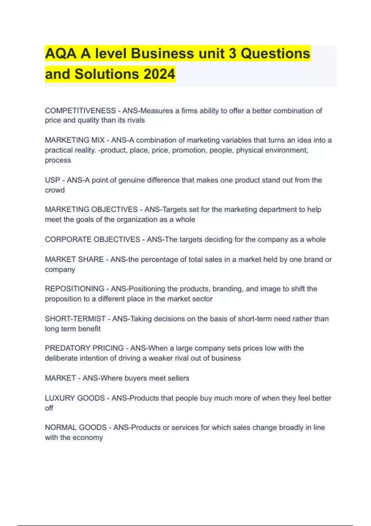 AQA A level Business unit 3 Questions and Solutions 2024 - AQA A level ...