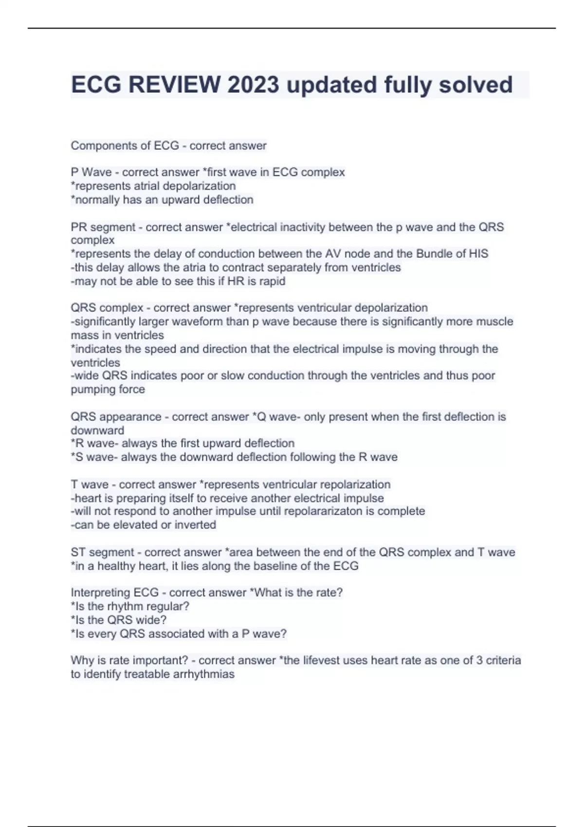 ECG REVIEW EXAM Updated Fully Solved. - AACN ECG - Stuvia US