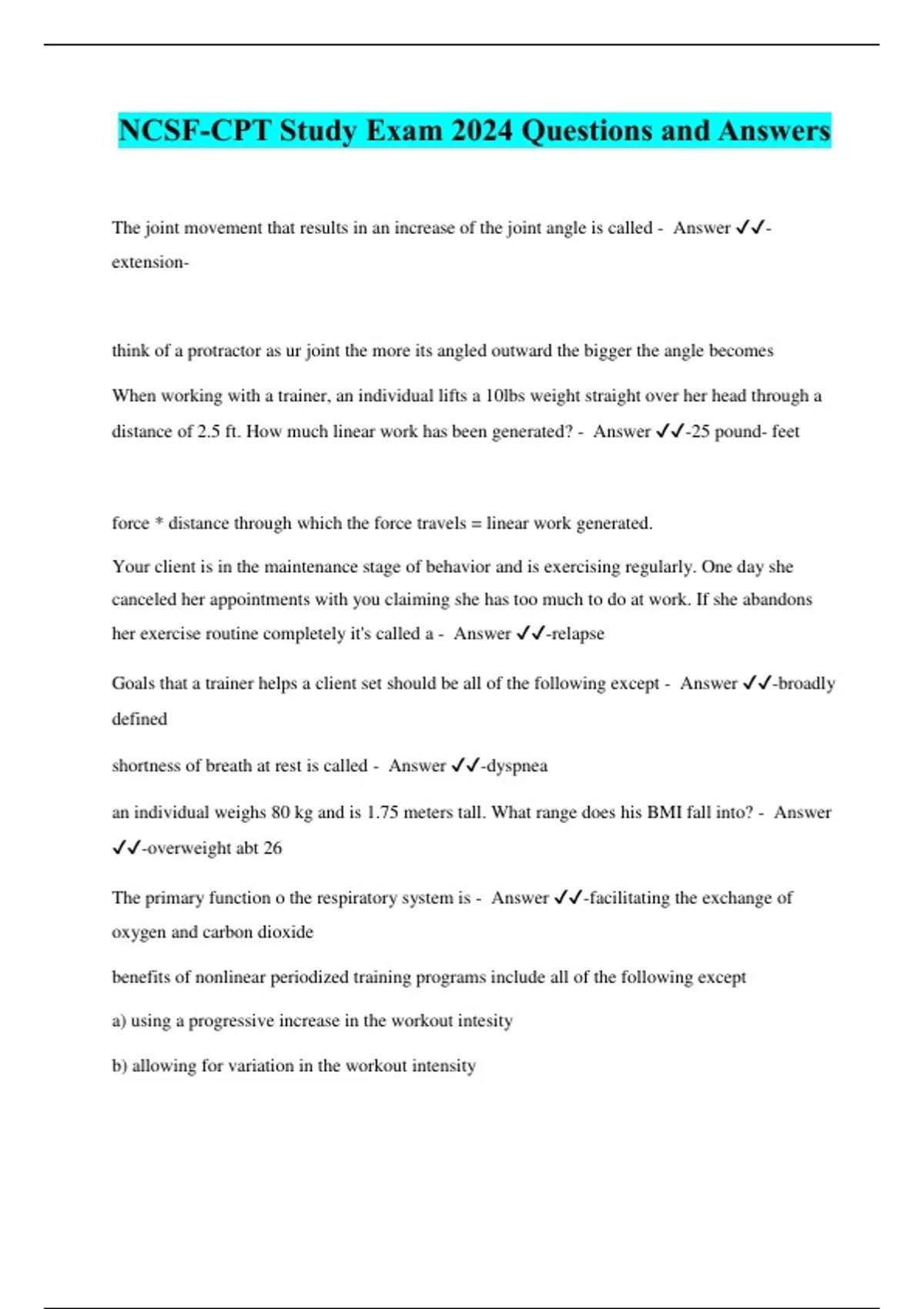 NCSF-CPT Study Exam 2024 Questions and Answers - NCSF CPT - Stuvia US