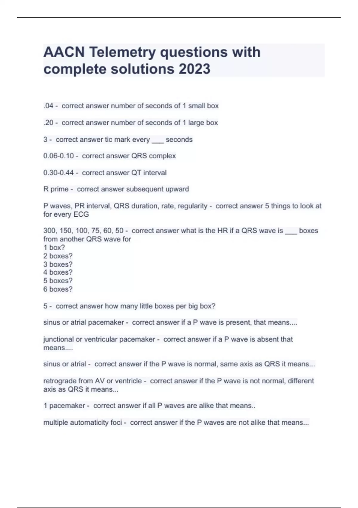 AACN Telemetry Questions With Complete Solutions . - AACN ECG - Stuvia US