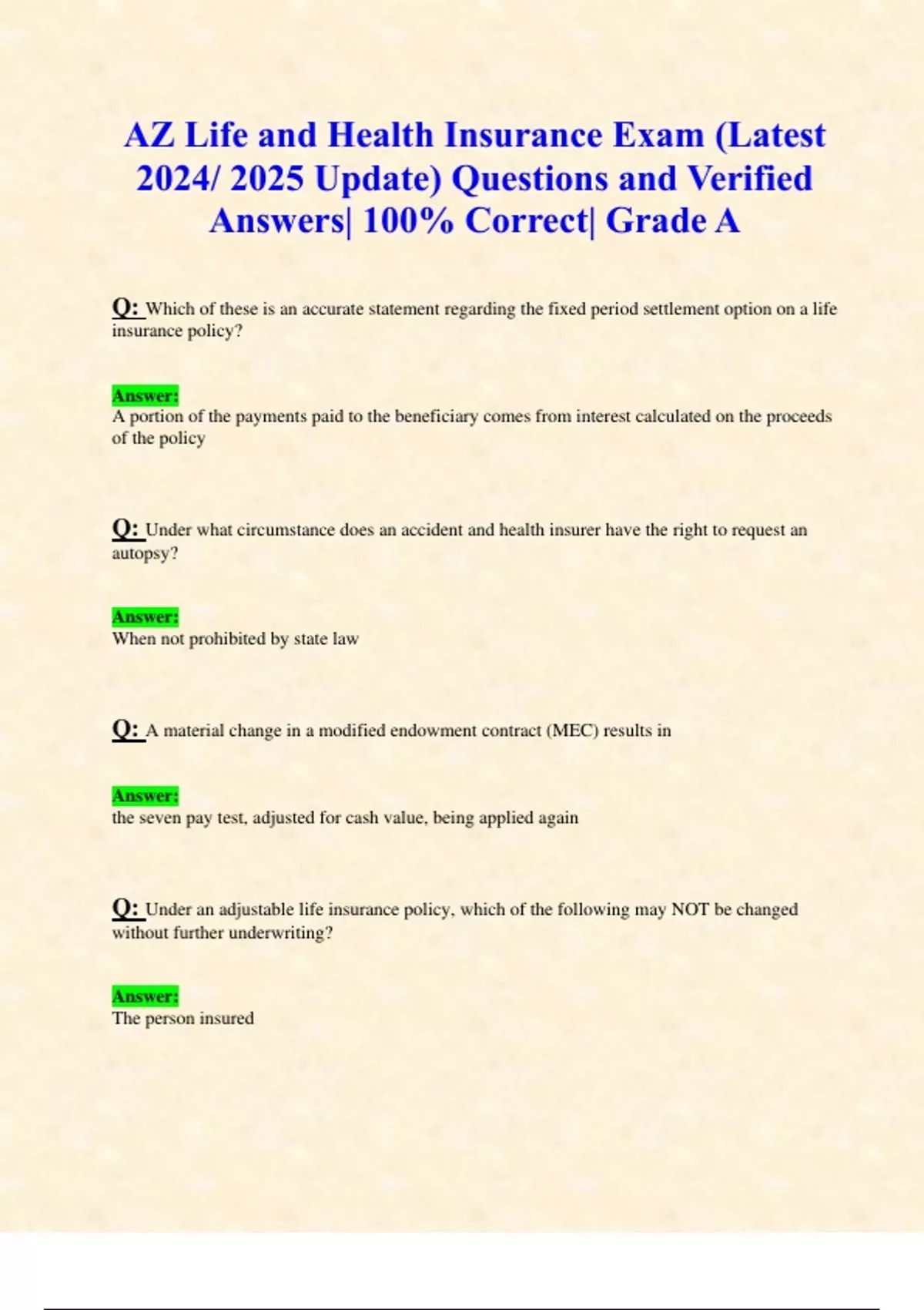 AZ Life and Health Insurance Exam (Latest 2024/ 2025 Update) Questions ...