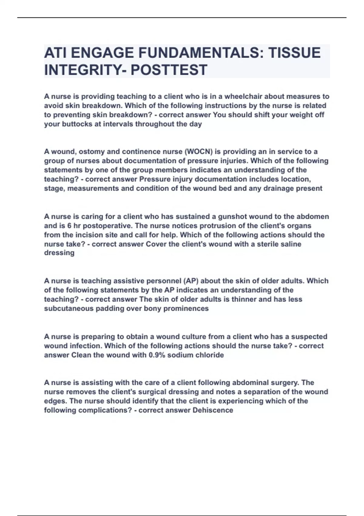 ATI ENGAGE FUNDAMENTALS: TISSUE INTEGRITY- POSTTEST - ATI Fundamentals ...