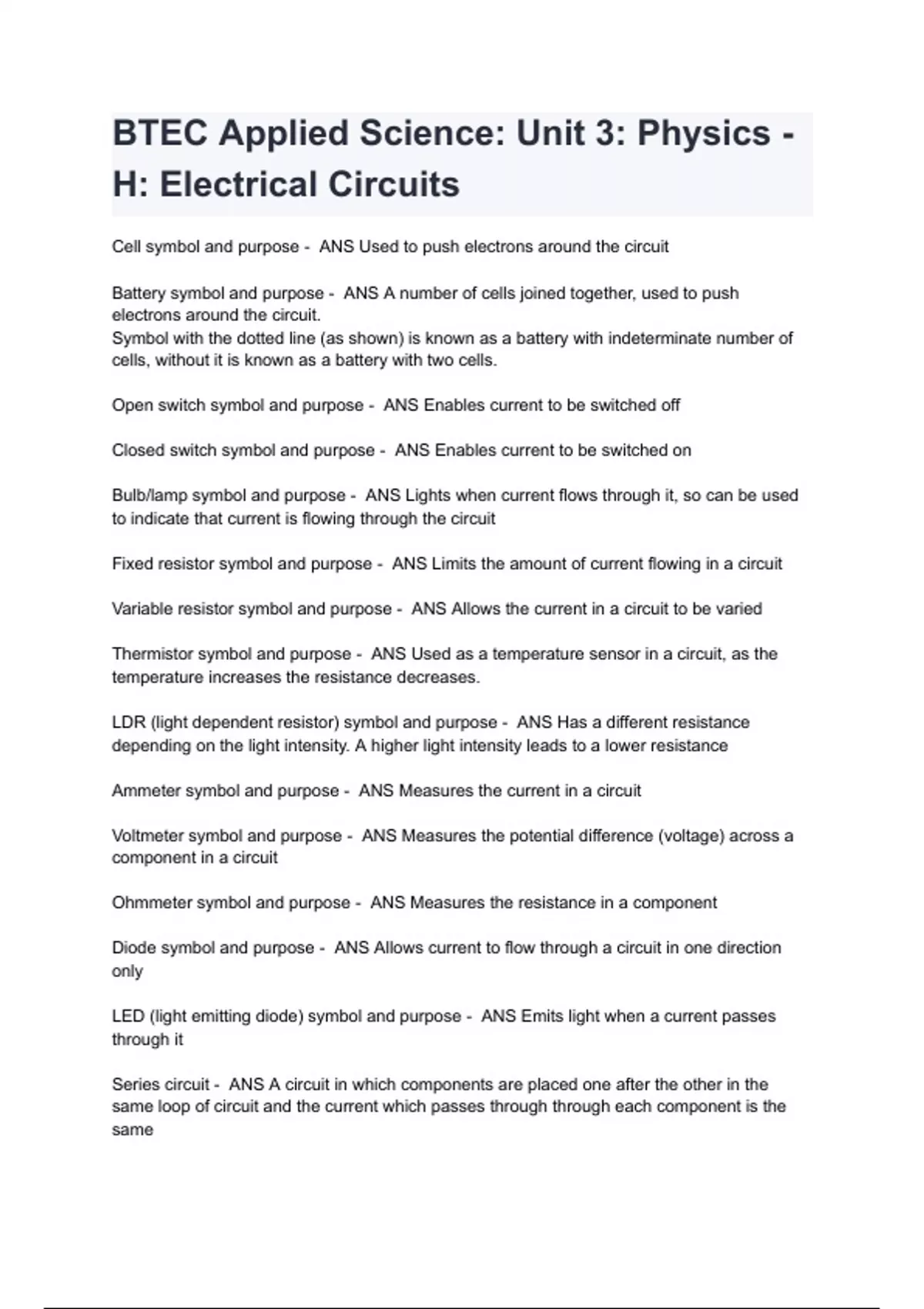 Btec Applied Science Unit 3 Physics H Electrical Circuits Questions With Correct Answers A