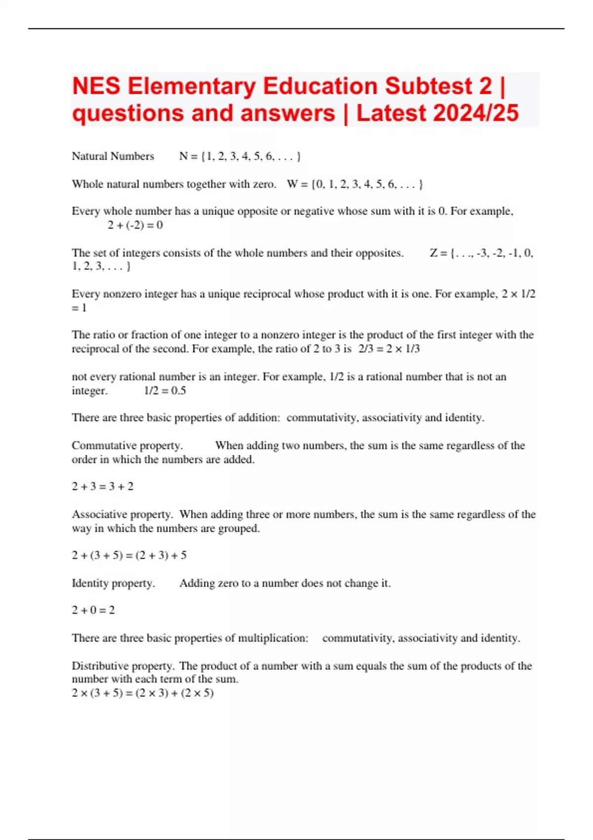 NES Elementary Education Subtest 2 | questions and answers | Latest ...
