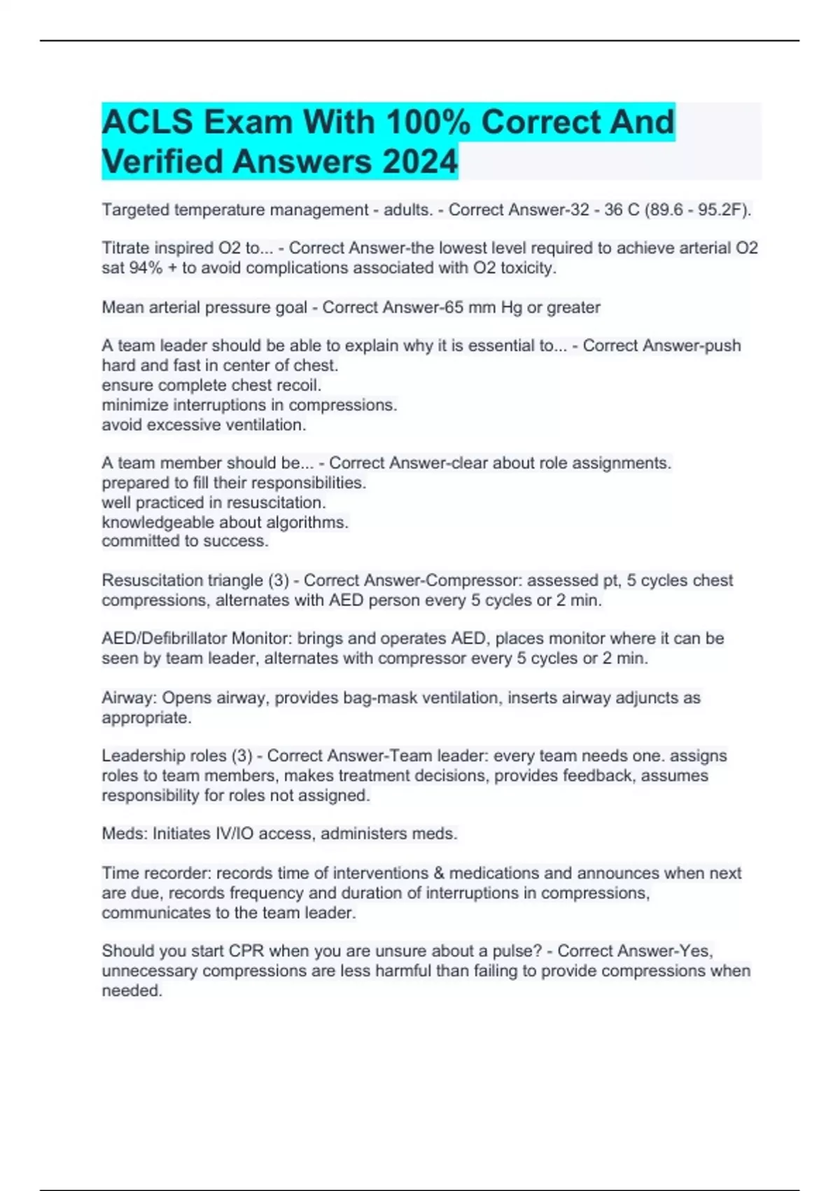 ACLS Exam With 100% Correct And Verified Answers 2024 - ACLS - Stuvia US