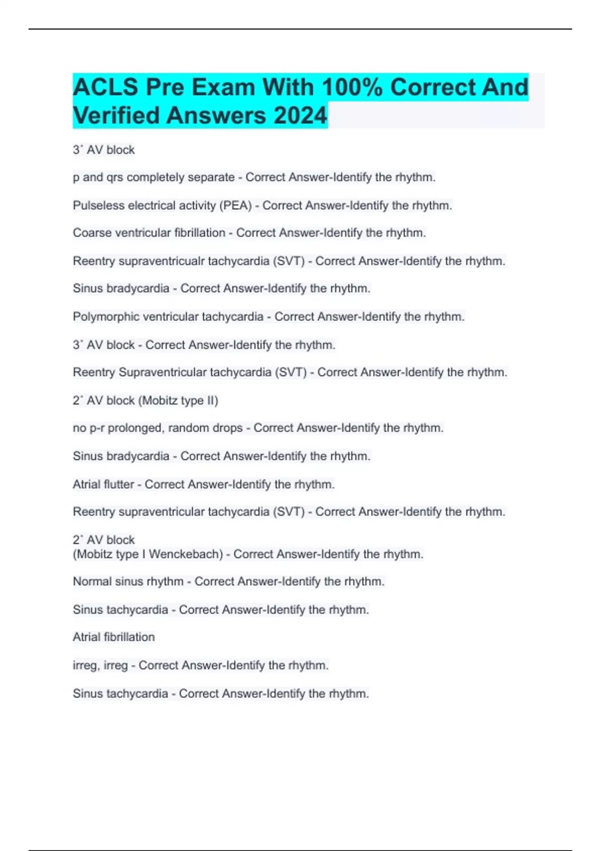 ACLS Pre Exam With 100% Correct And Verified Answers 2024 - ACLS ...