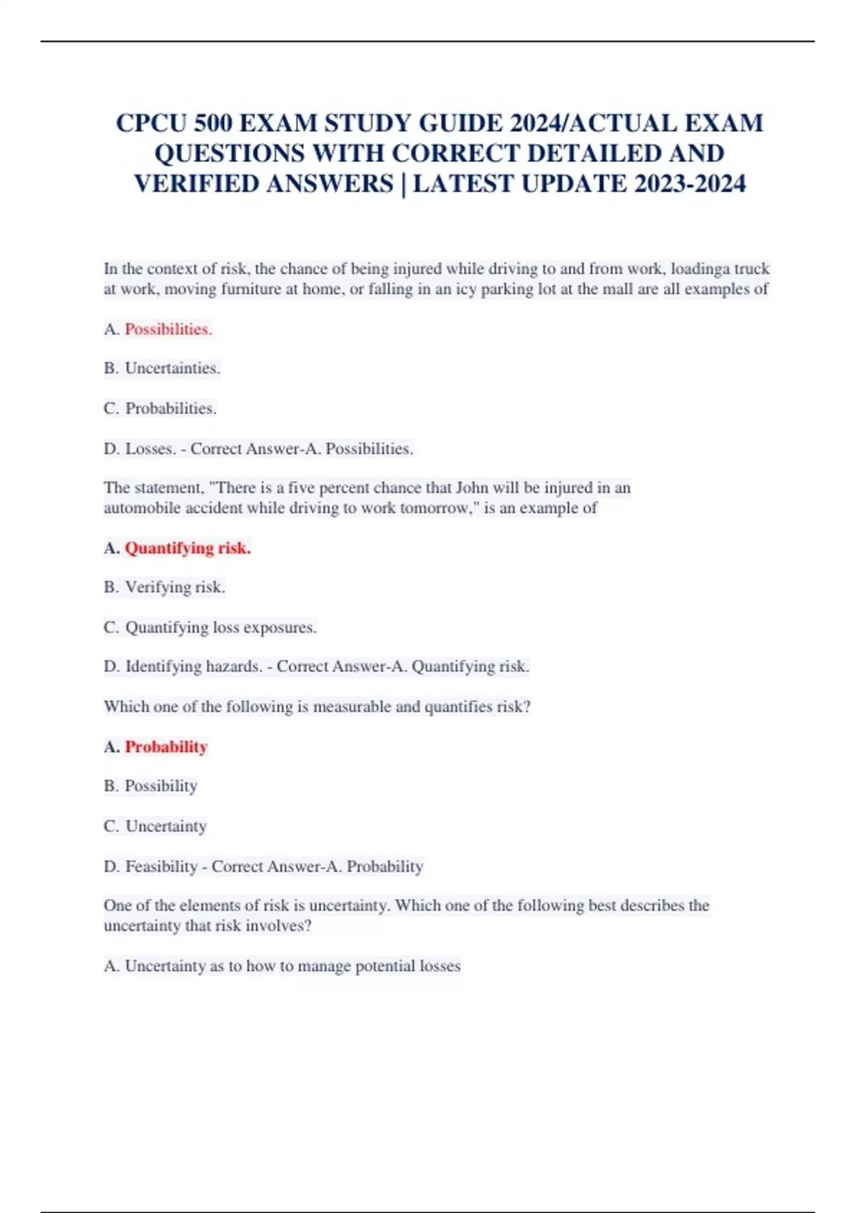 CPCU 500 EXAM STUDY GUIDE 2024/ACTUAL EXAM 350 QUESTIONS WITH CORRECT ...