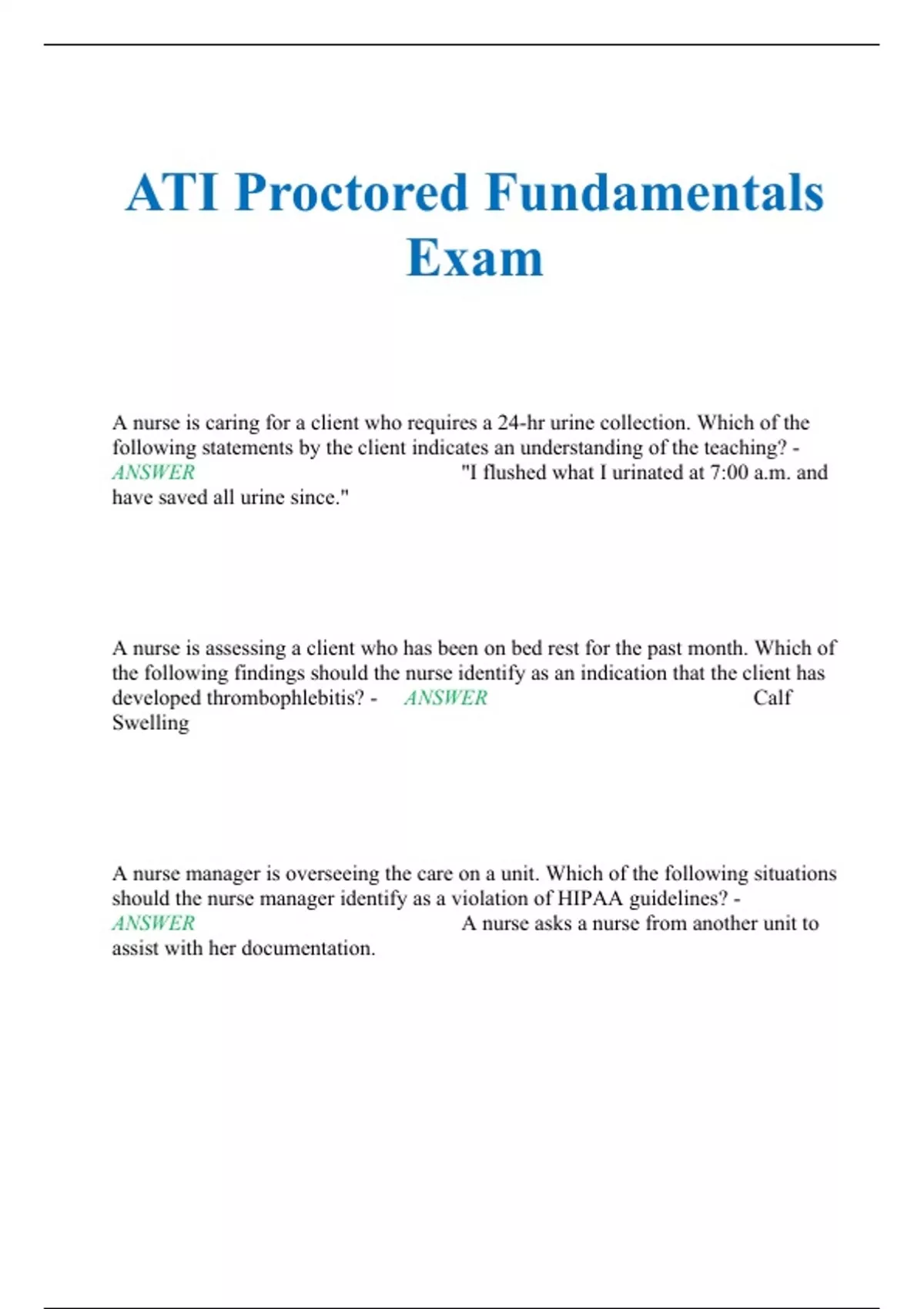 ATI Proctored Fundamentals Exam 2023 - ATI RN Fundamentals - Stuvia US
