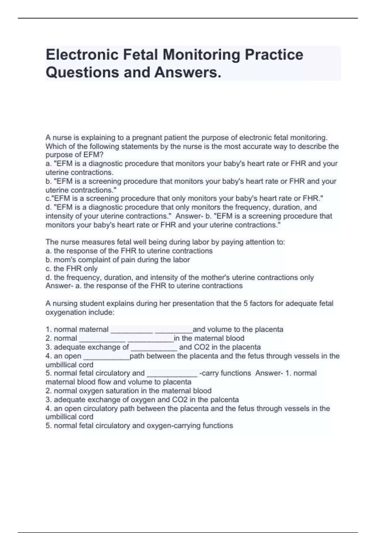 Electronic Fetal Monitoring Practice Questions and Answers - Ncc efm ...
