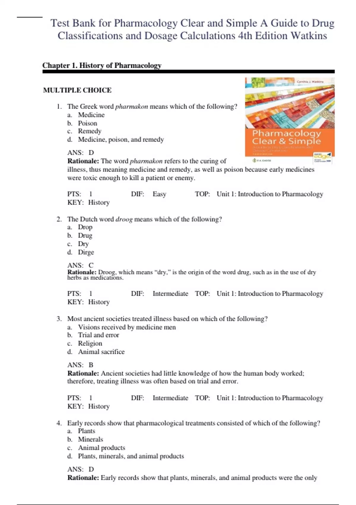 TEST BANK Pharmacology Clear and Simple A Guide to Drug Classifications ...