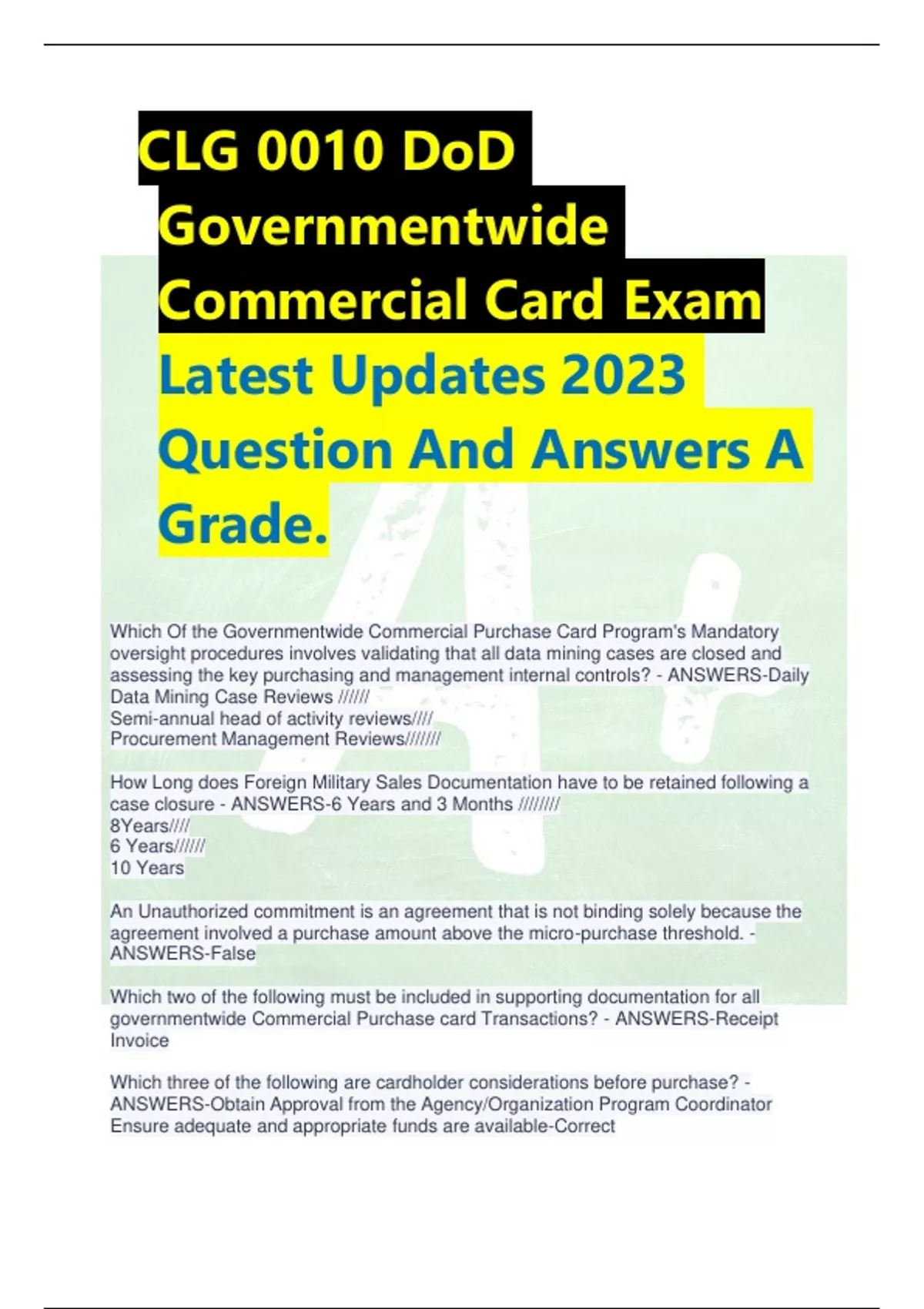 CLG 0010 DoD Governmentwide Commercial Card Exam Latest Updates 2023 ...
