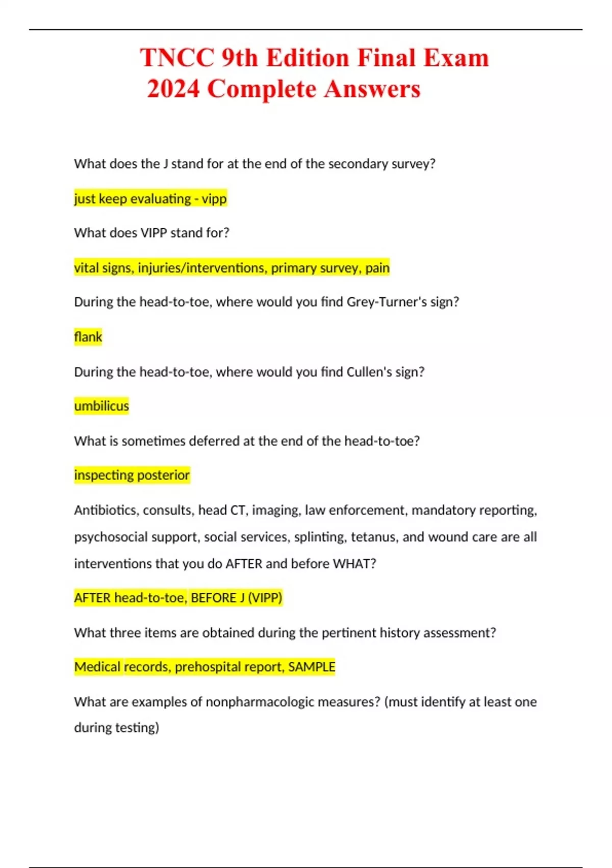 TNCC 9th Edition Final Exam 2024 Complete Answers - TNCC 9th Edition - Stuvia UK