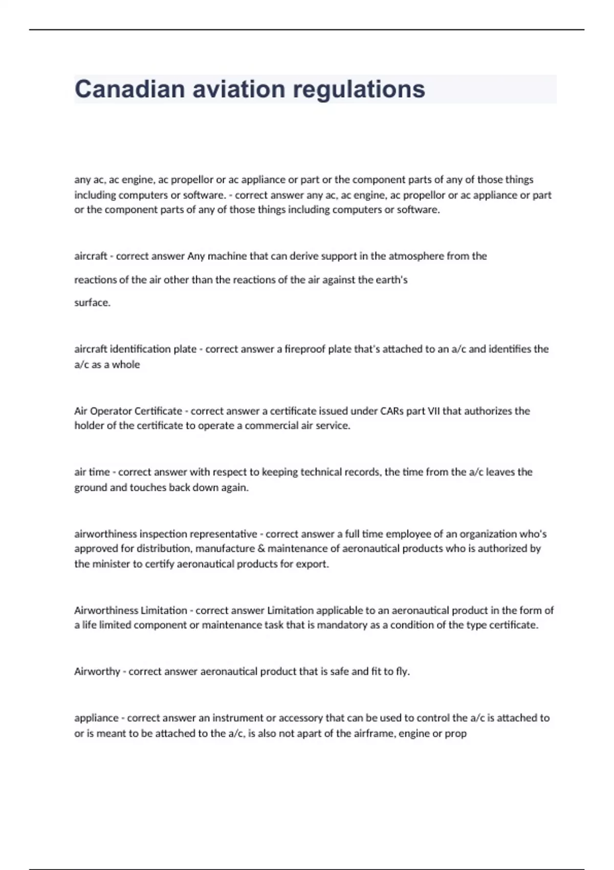 Canadian aviation regulations Question and answers correctly solved ...