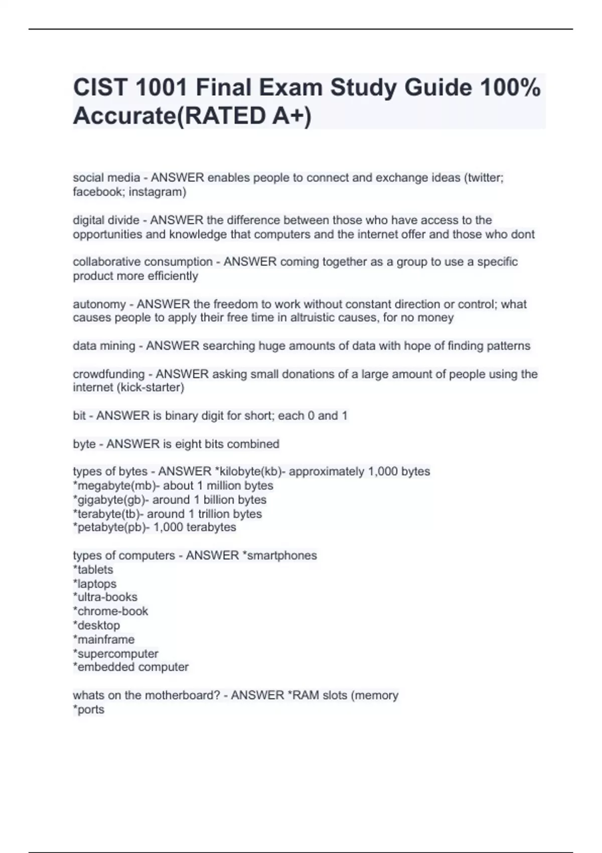 CIST 1001: Computer Concepts; Final Exam 2024 Latest Update!! - CIST ...