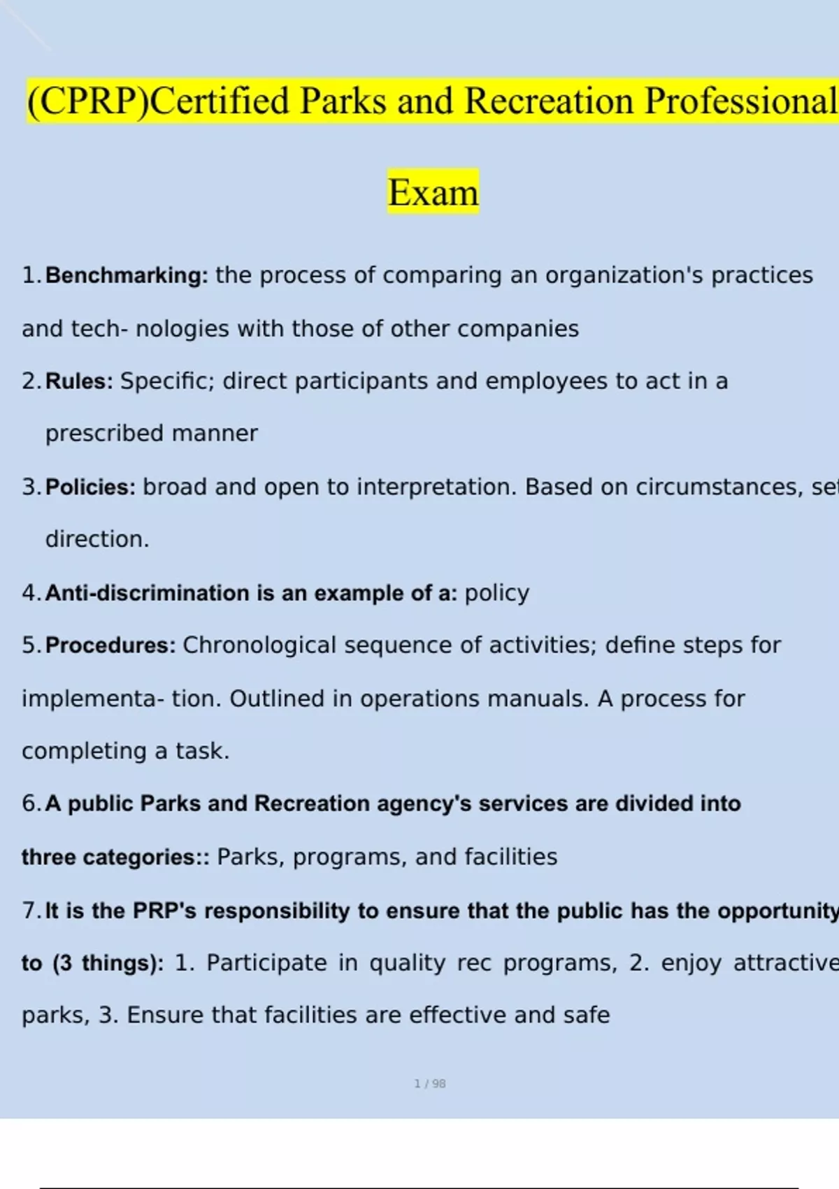 CPRP - Certified Park & Recreation Professional Exam | Questions with ...