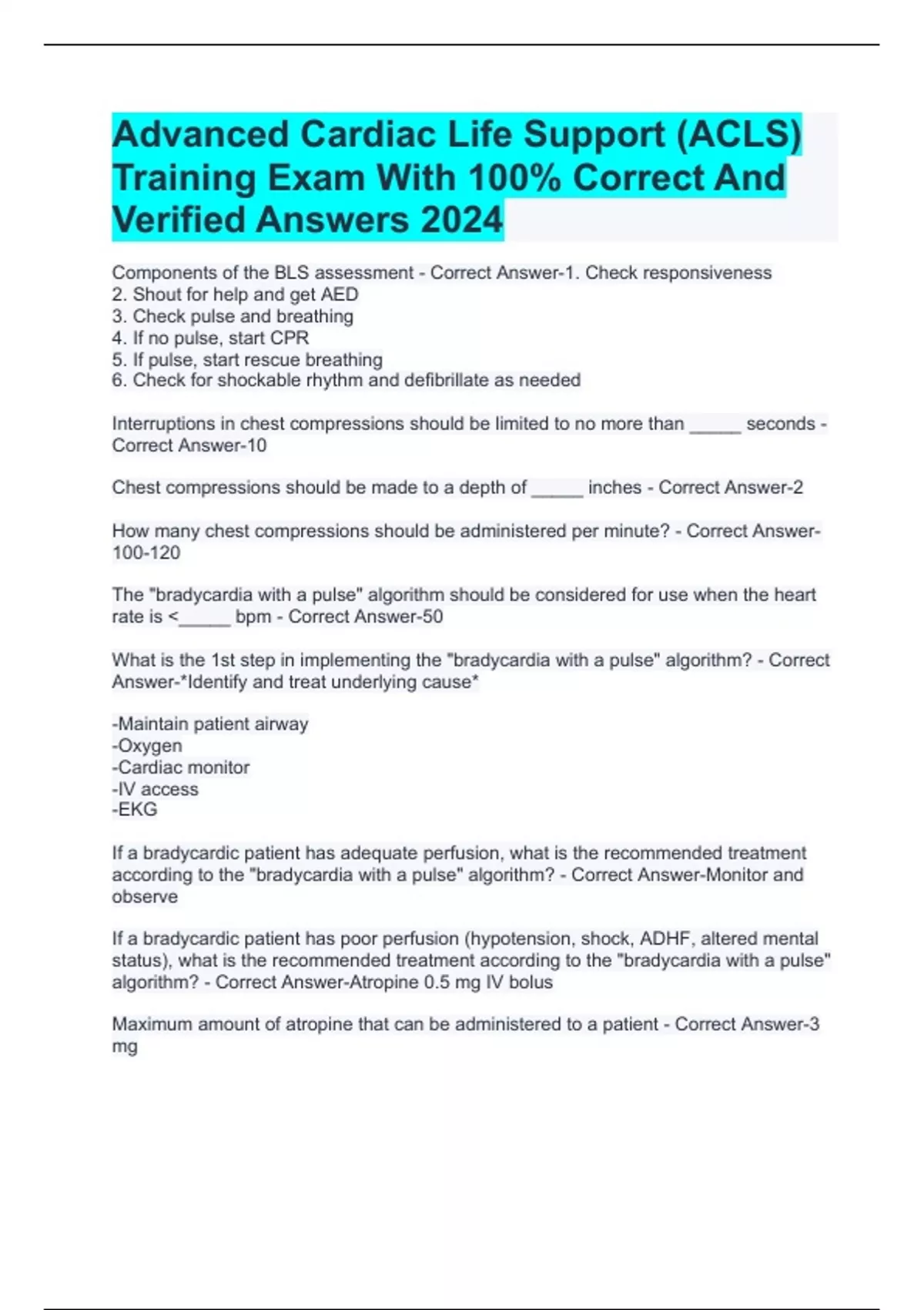 Advanced Cardiac Life Support (ACLS) Training Exam With 100% Correct ...
