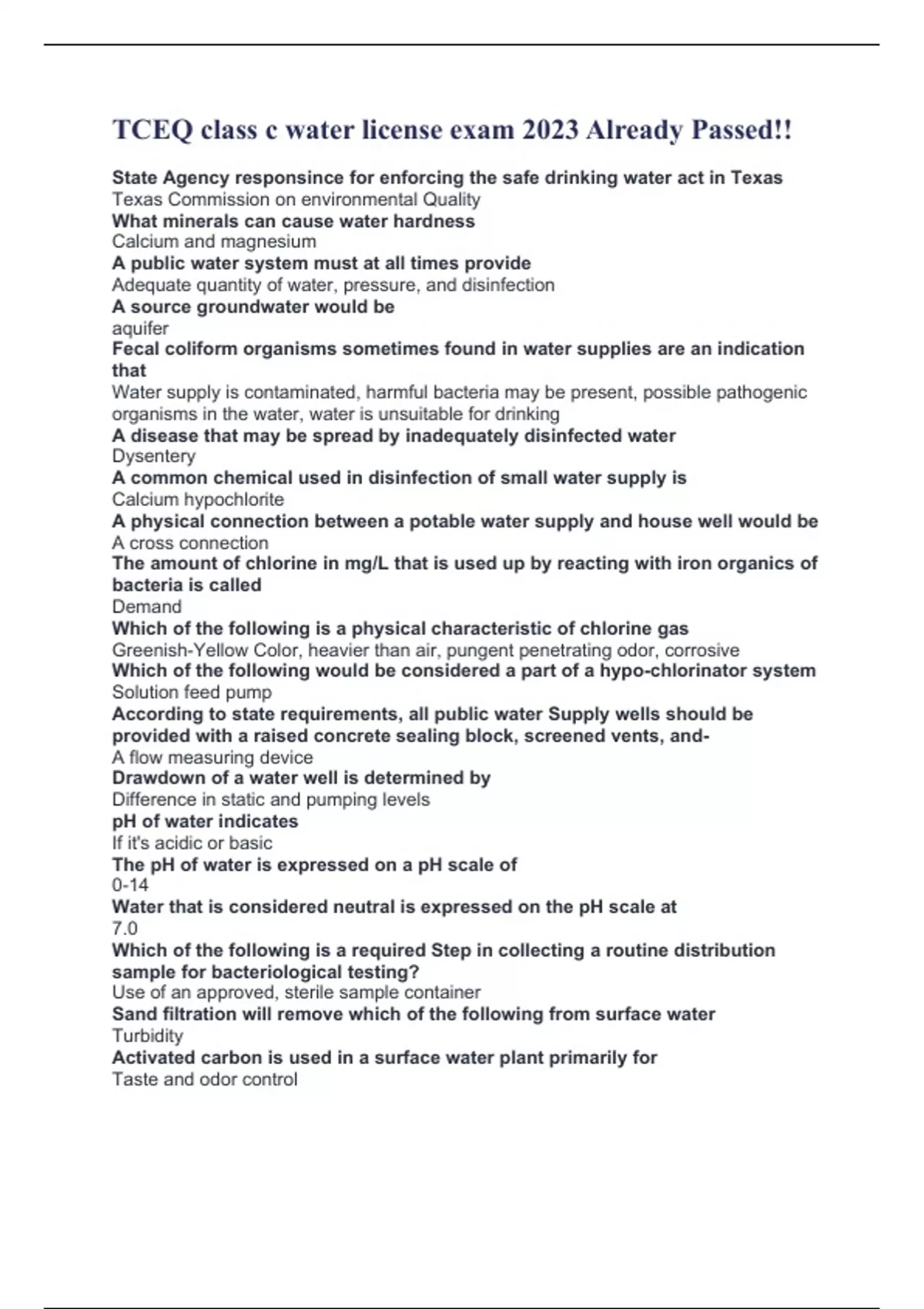 TCEQ class c water license exam 2023 Already Passed!! - TCEQ - Stuvia US