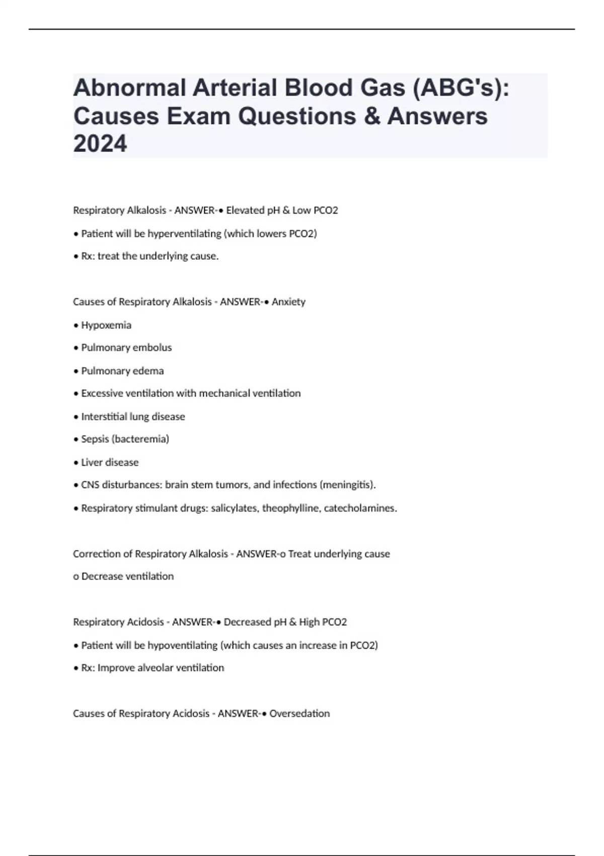 Abnormal Arterial Blood Gas (ABG's): Causes Exam Questions & Answers ...