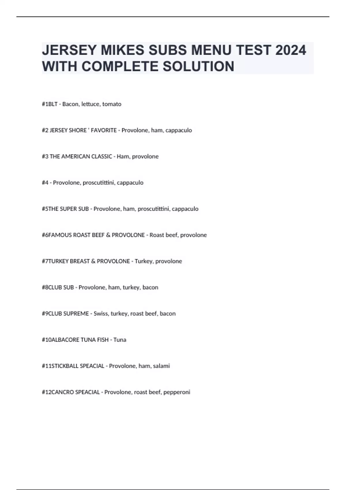 JERSEY MIKES SUBS MENU TEST 2024 WITH COMPLETE SOLUTION - JERSEY MIKES ...