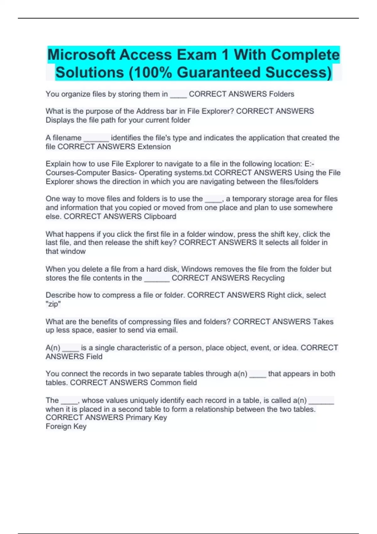 Microsoft Access Exam 1 With Complete Solutions (100% Guaranteed ...