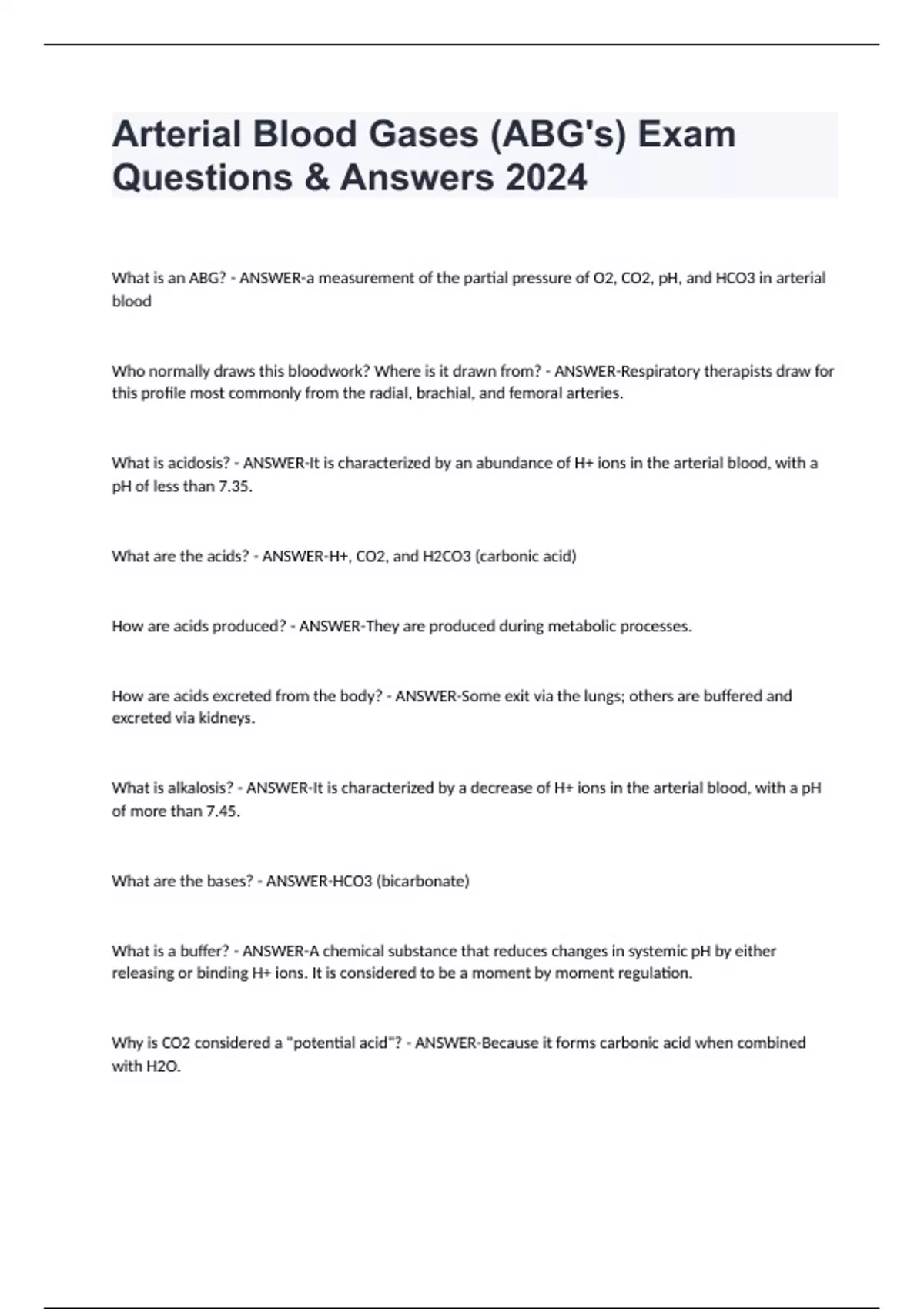 Arterial Blood Gases (ABG's) Exam Questions & Answers 2024 - Arterial ...