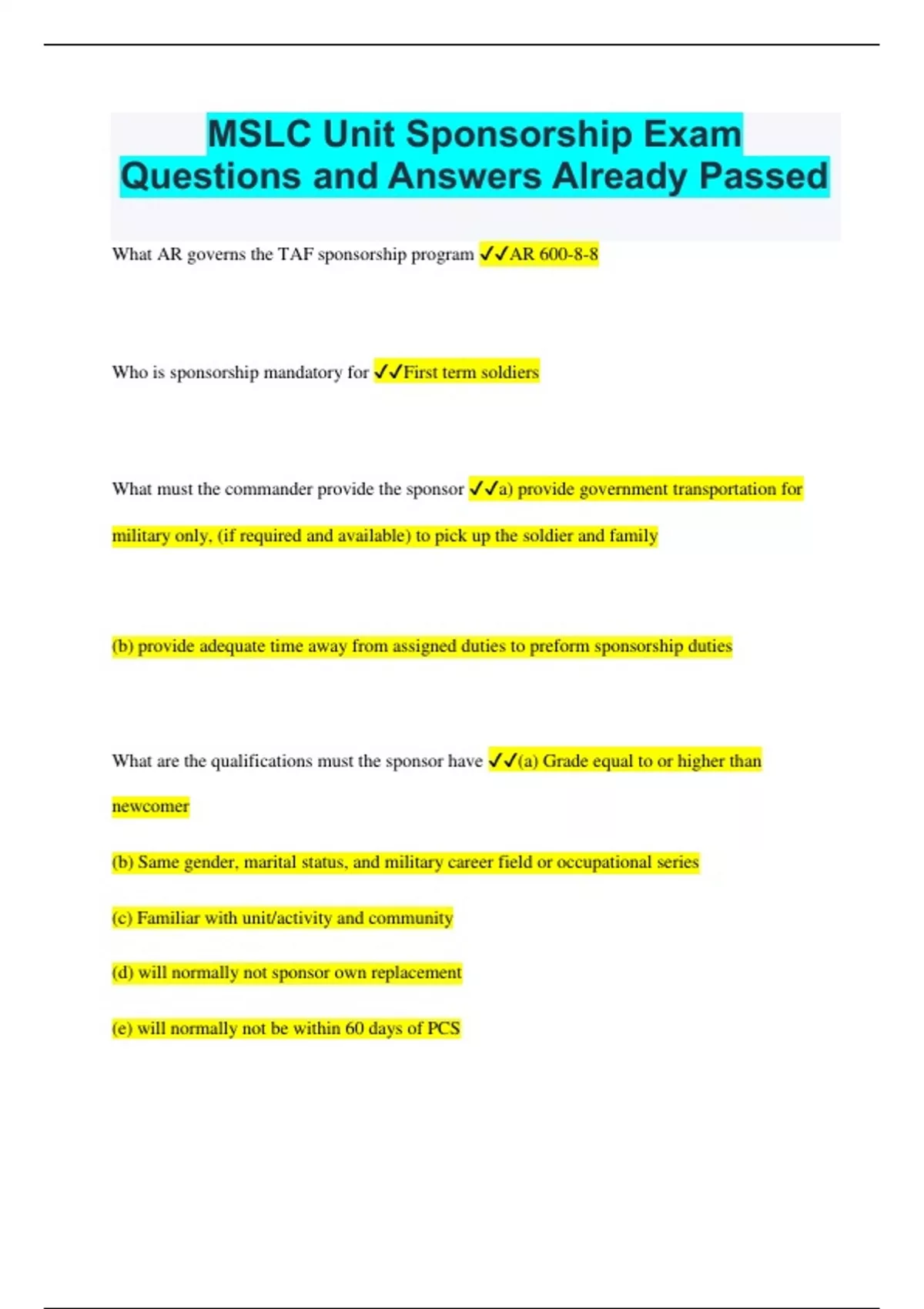 MSLC Unit Sponsorship Exam Questions and Answers Already Passed - MSLC ...