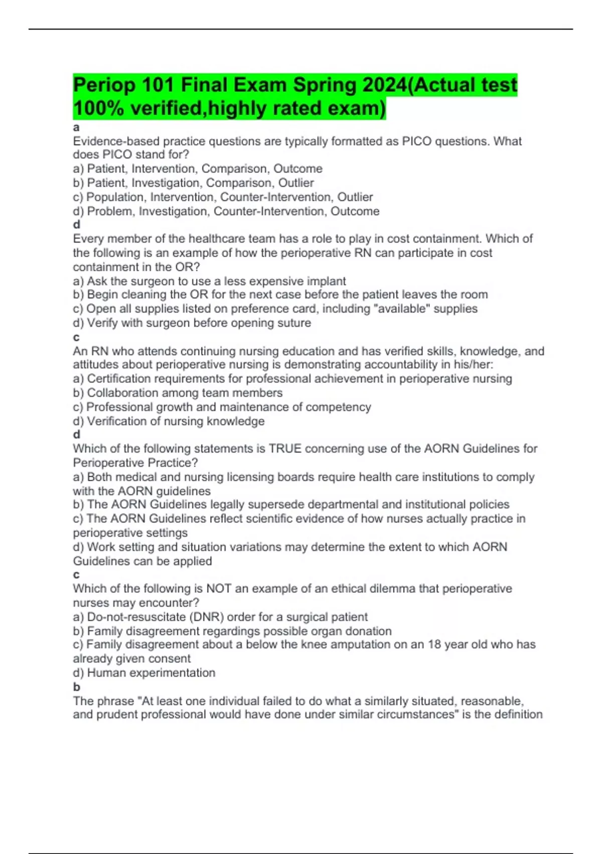 Periop 101 Final Exam Spring 2024(Actual test 100% verified,highly ...