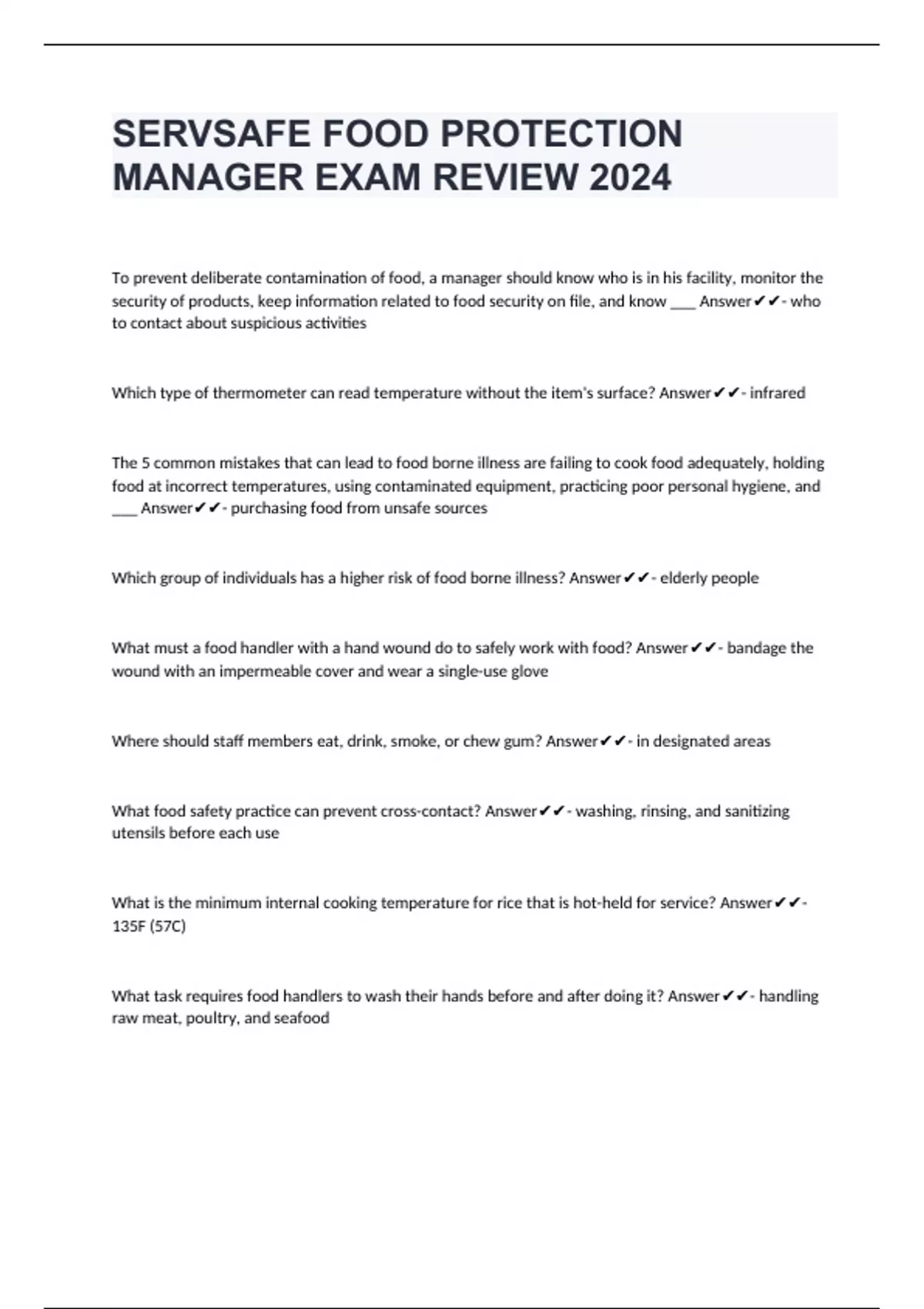 SERVSAFE FOOD PROTECTION MANAGER EXAM REVIEW 2024 SERVSAFE FOOD SERVSAFE FOOD PROTECTION MANAGER EXAM REVIEW 2024 SERVSAFE FOOD