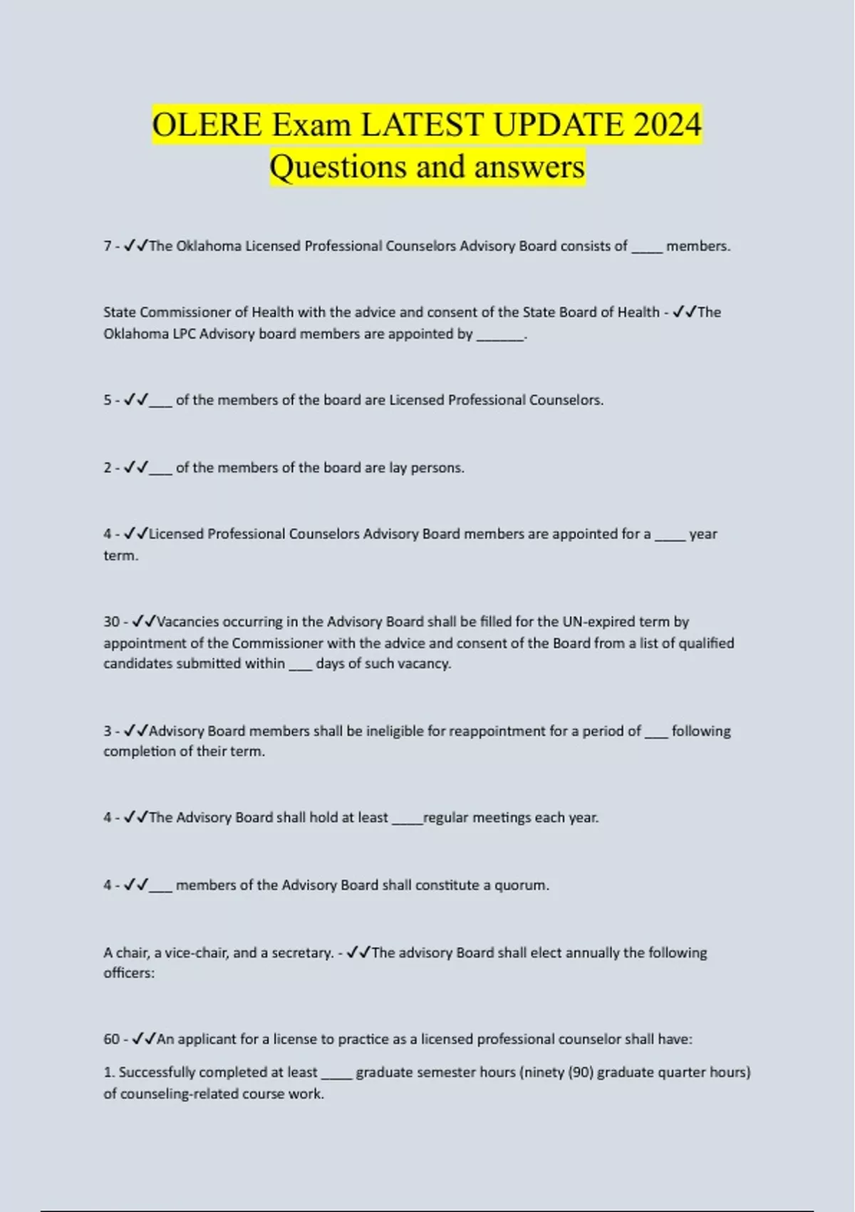 OLERE Exam LATEST UPDATE 2024 Questions and answers - OLERE - Stuvia US