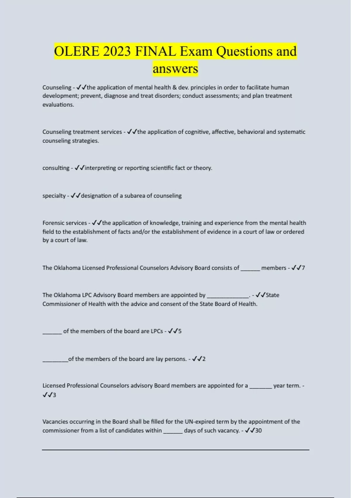 OLERE 2023 FINAL Exam Questions and answers - OLERE - Stuvia US