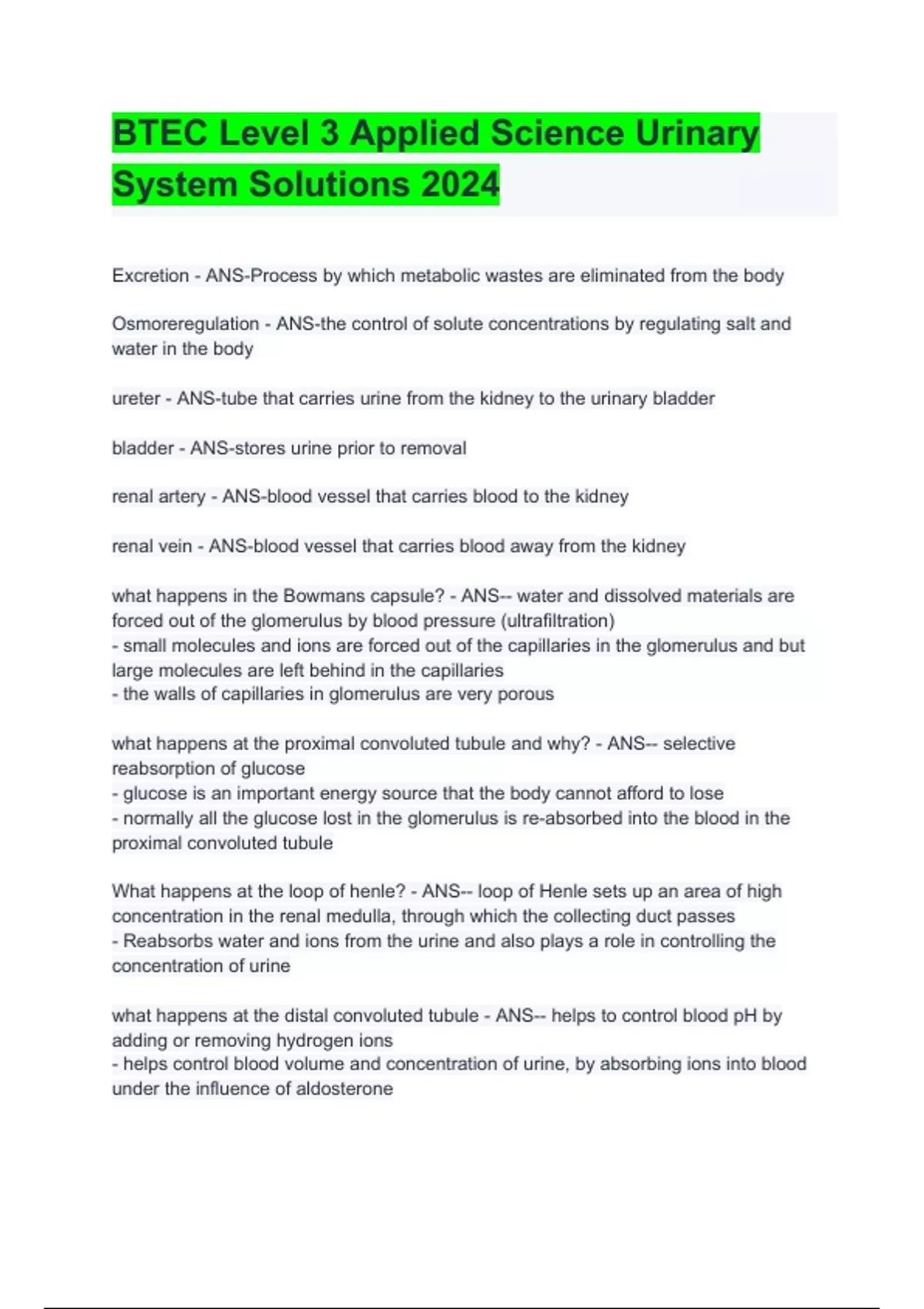 BTEC Level 3 Applied Science Urinary System Solutions 2024 - BTEC Level ...