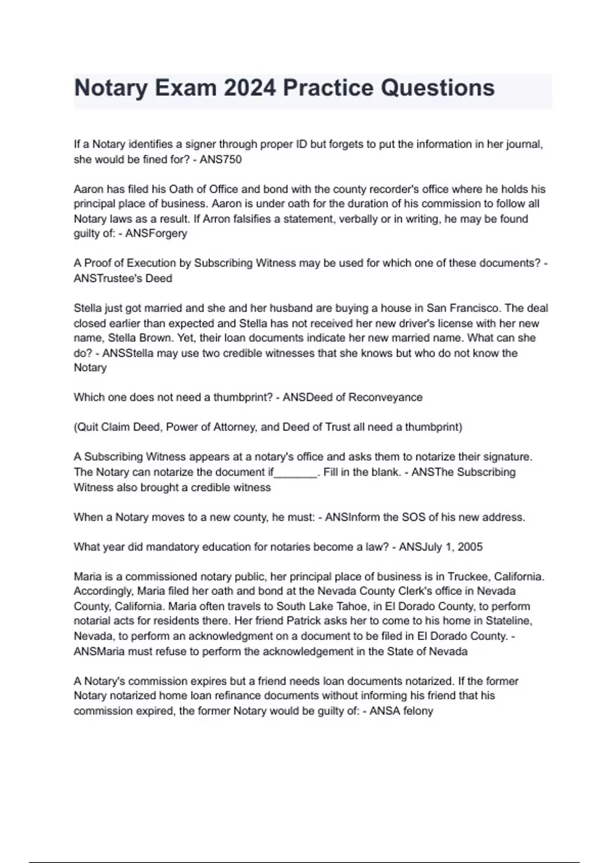 Notary Exam 2024/2025 Practice Questions already graded A+ - PA NOTARY ...