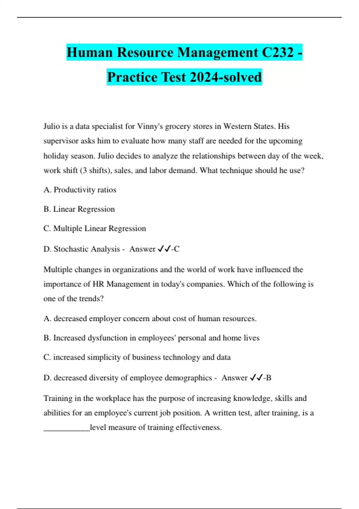 Human Resource Management C232 - Practice Test 2024-solved - Human ...