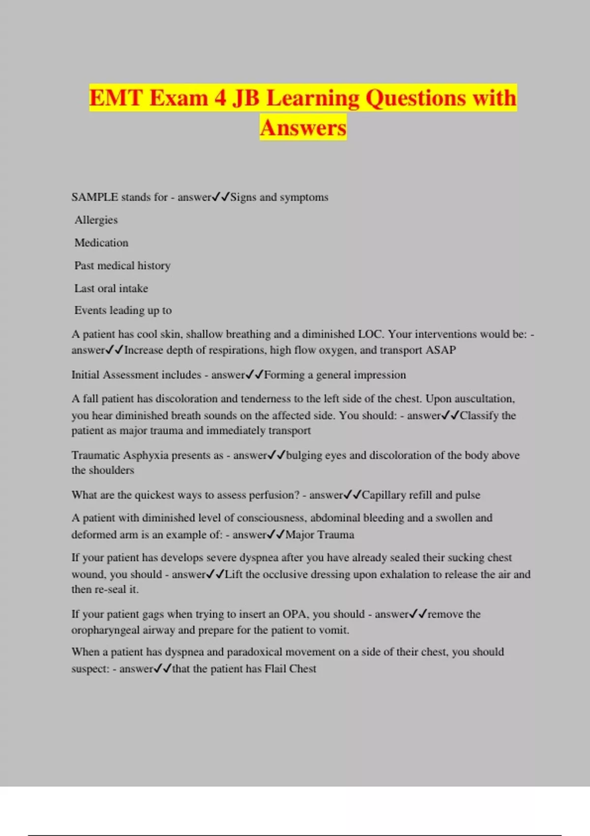 EMT Exam 4 JB Learning Questions with Answers - EMT - Stuvia US