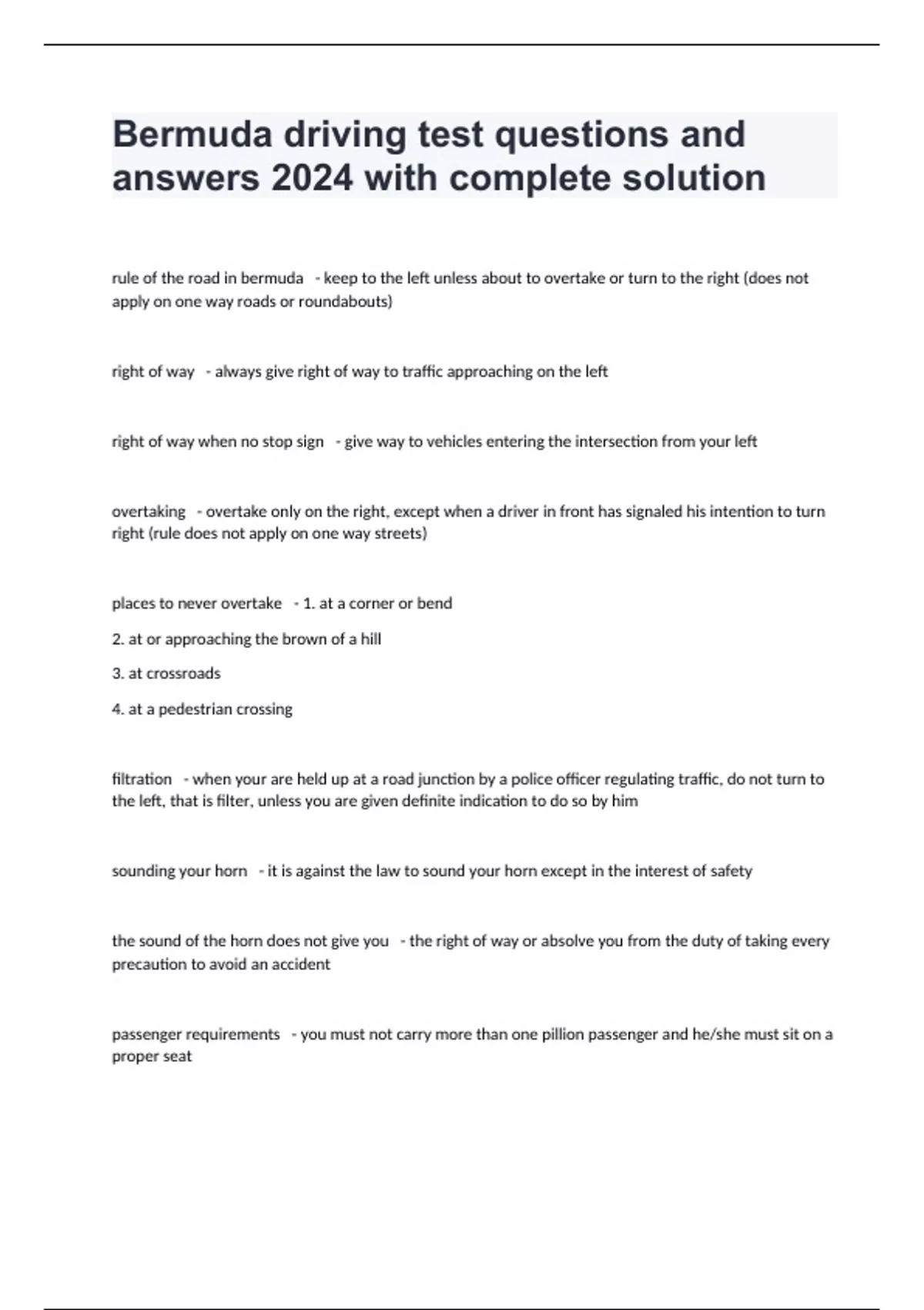 Bermuda driving test questions and answers 2024 with complete solution ...