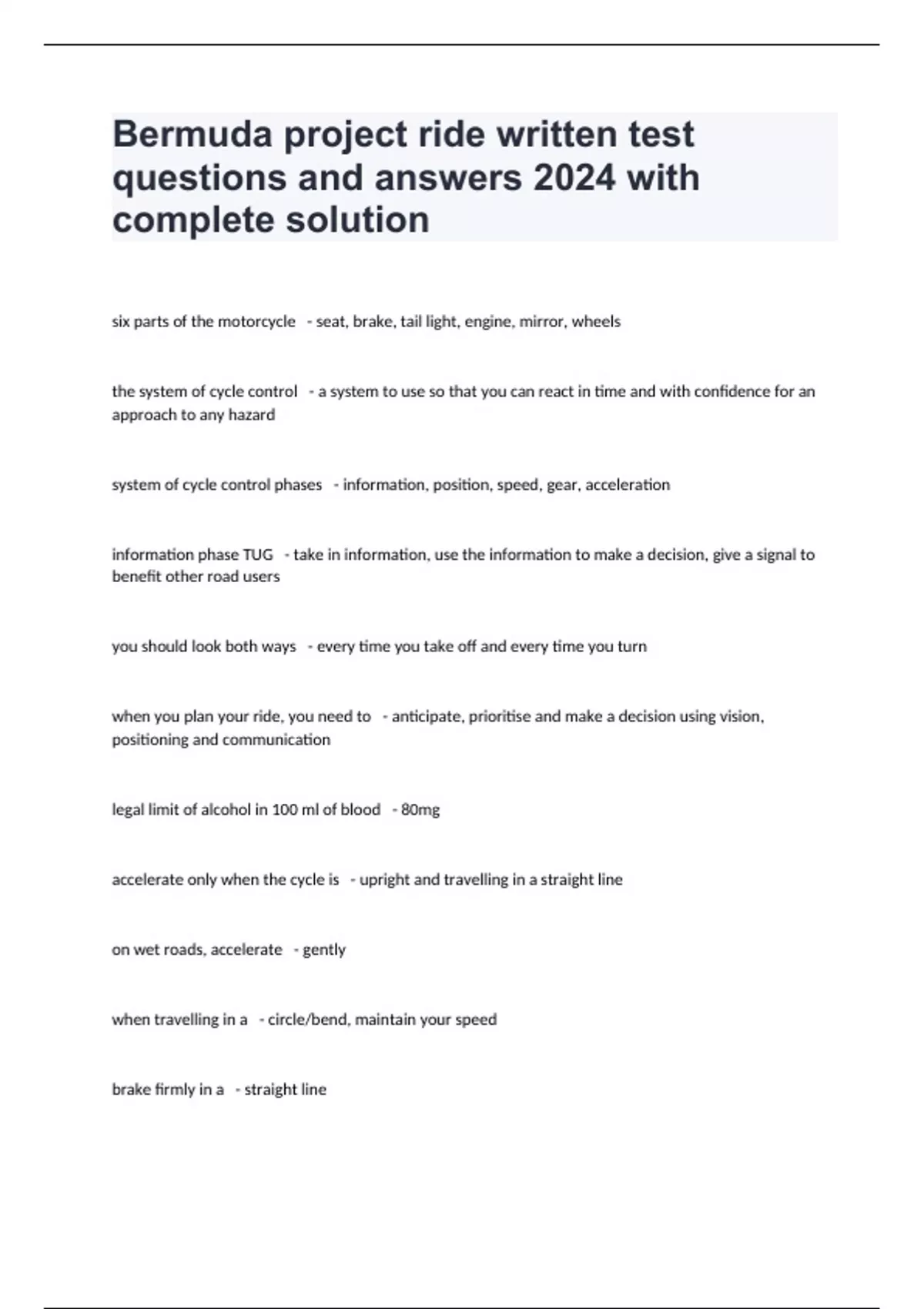 Bermuda project ride written test questions and answers 2024 with ...