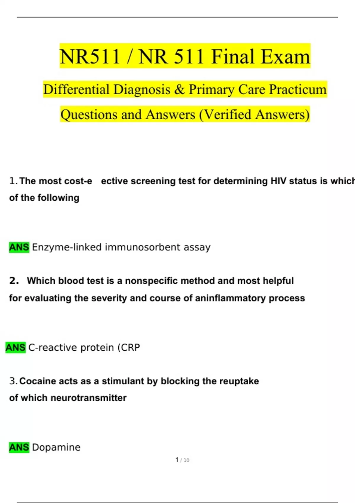 NR511 / NR 511 Final Exam: Differential Diagnosis & Primary Care ...