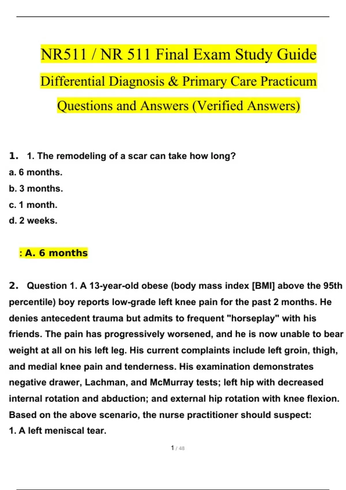 NR511 / NR 511 Final Exam Study Guide: Differential Diagnosis & Primary Care Practicum, 200 ...